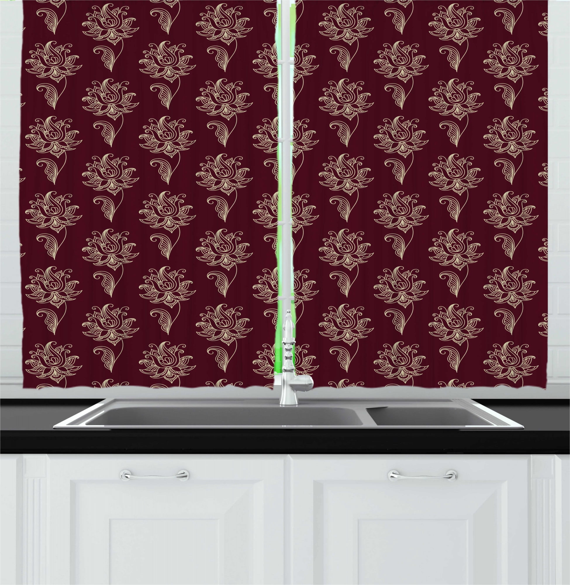 Ambesonne Maroon Kitchen Curtains, Damask Style Motifs Graphic, 55"x45 ...