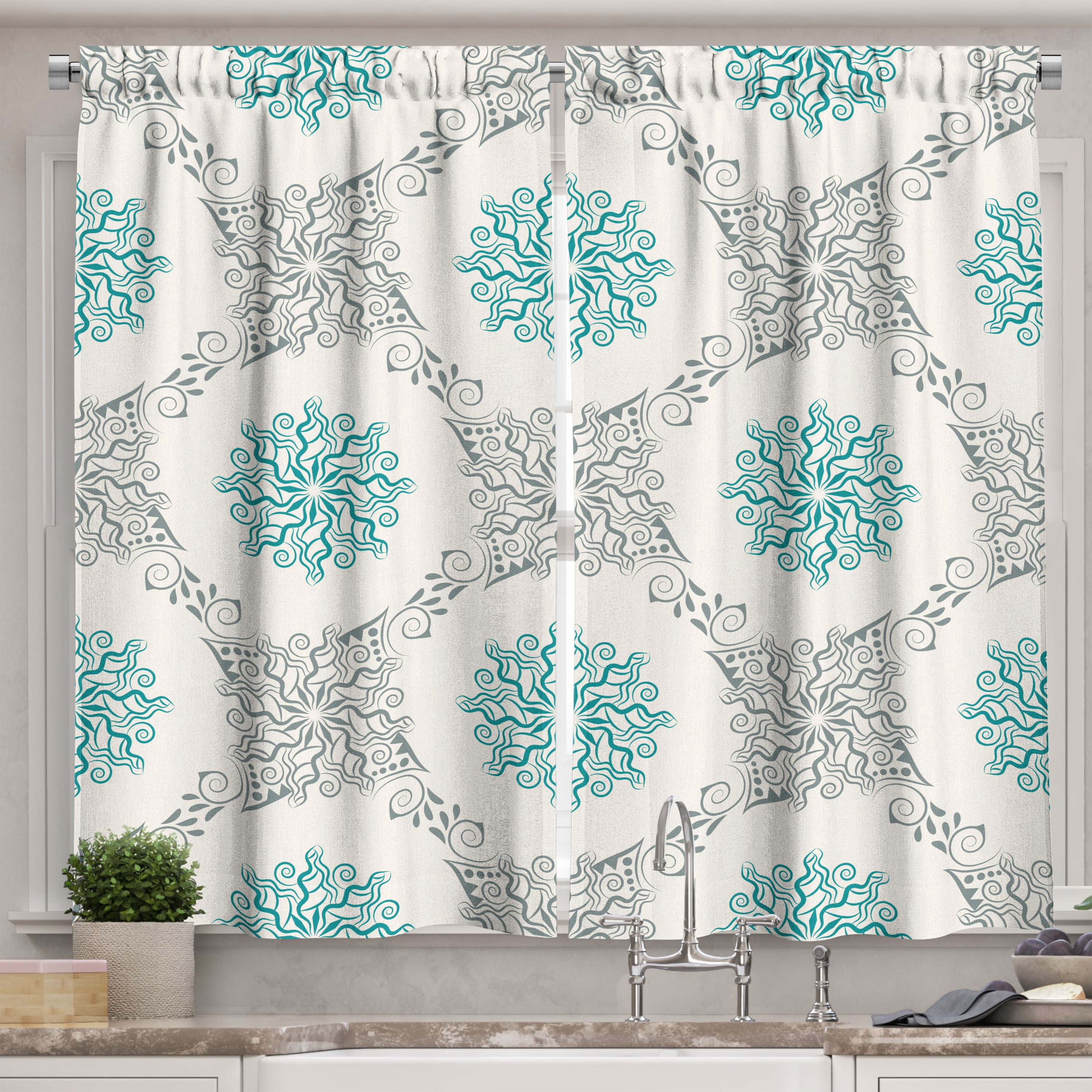 Ambesonne Medallion Kitchen Curtains, Repeated Mandala Motifs, 55"x45 ...