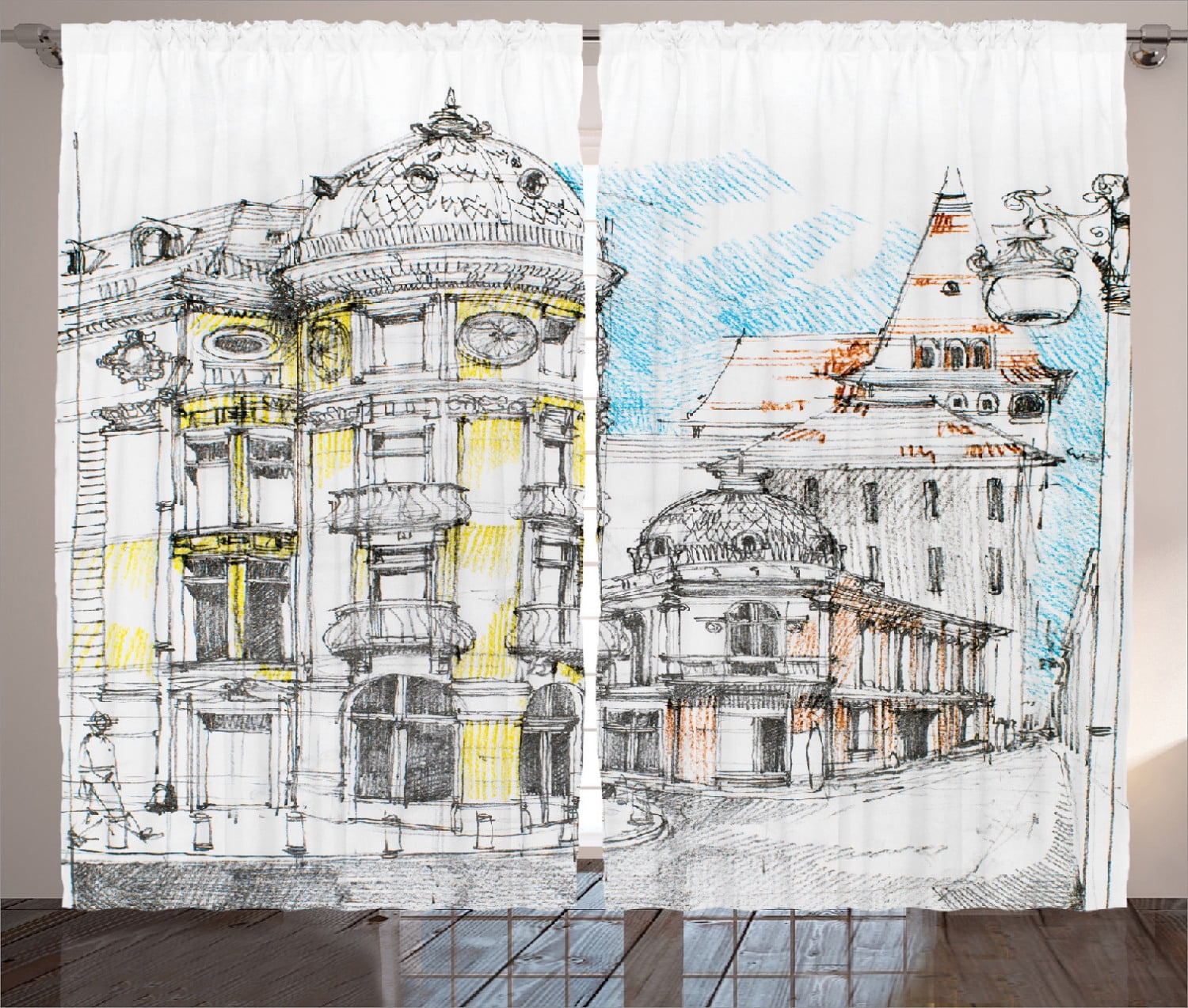 Ambesonne Medieval Curtains 2 Panel Set, European City Sketch, 108" x ...