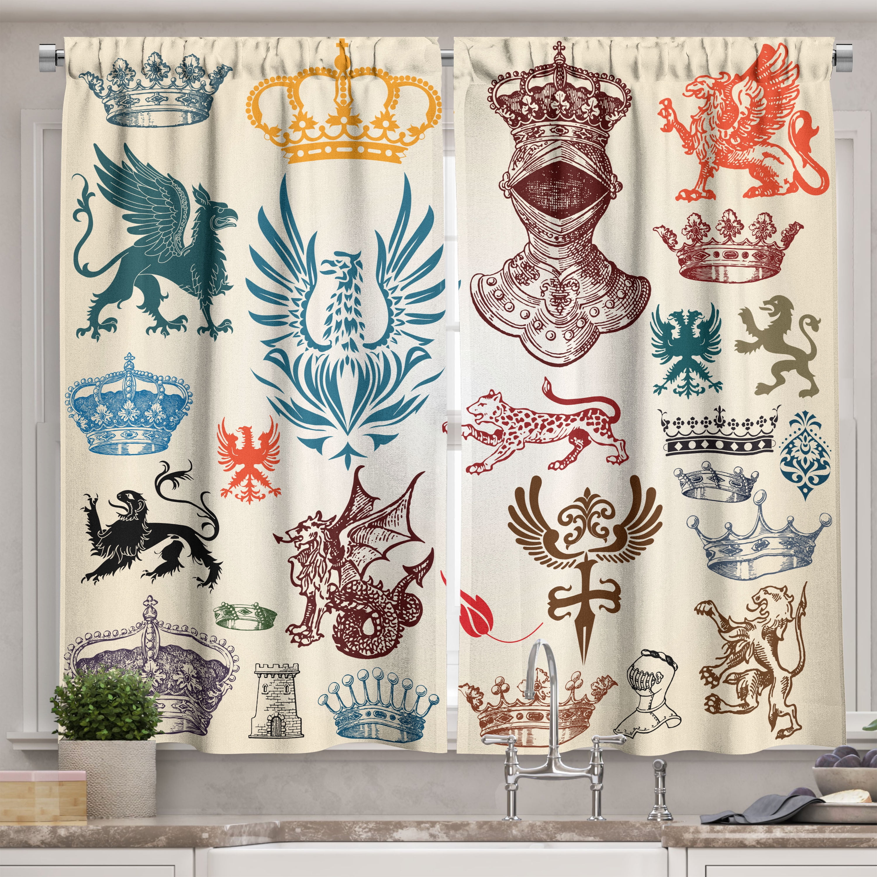 Ambesonne Medieval Kitchen Curtains, Classic Royal Crown Motifs, 55"x45 ...