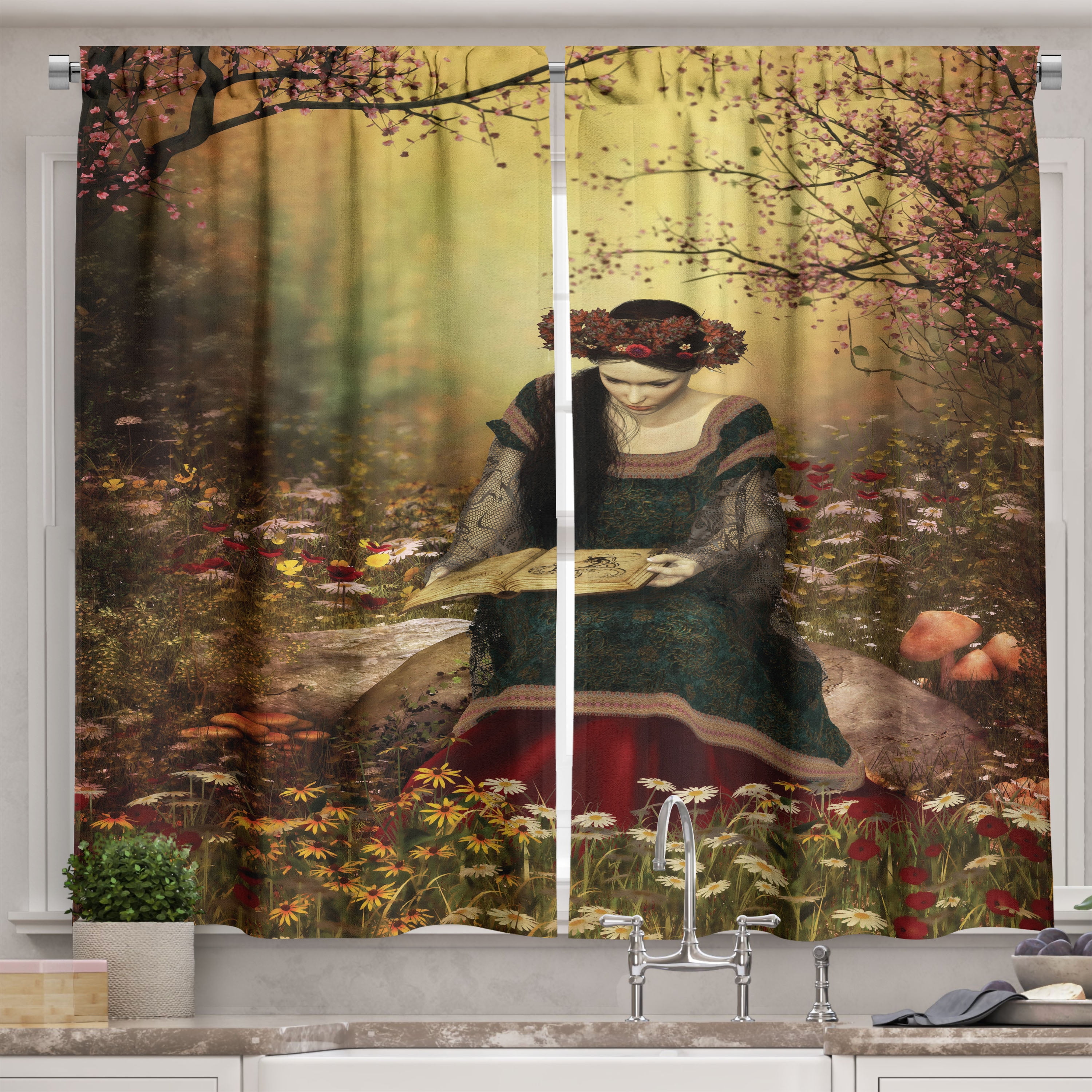 Ambesonne Medieval Kitchen Curtains, Lady with Book, 55"x24 ...