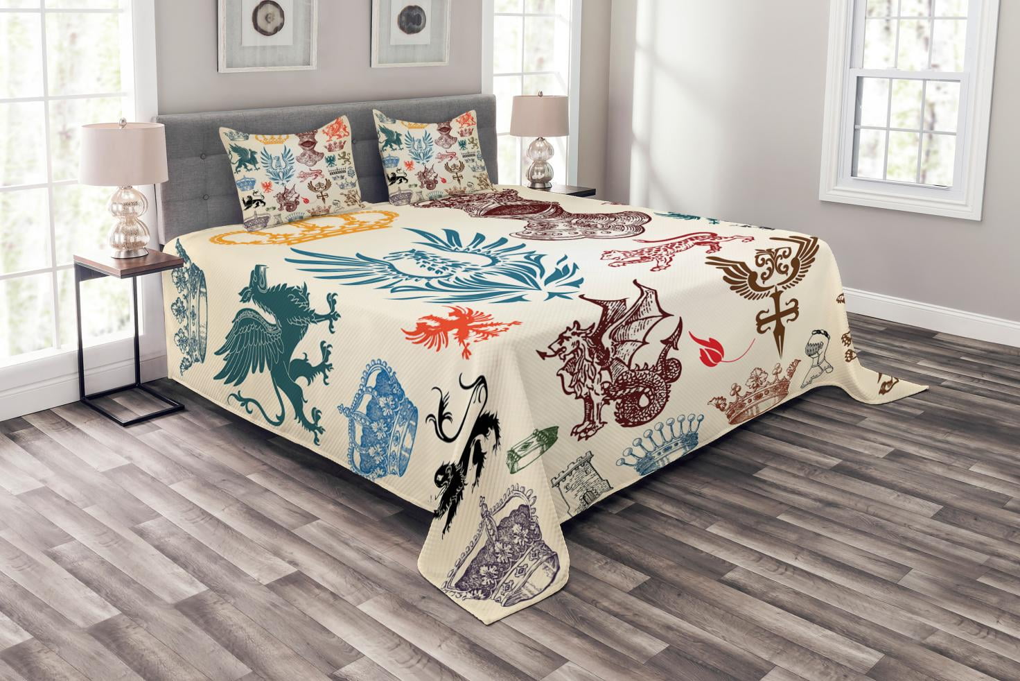 Ambesonne Medieval Quilted Bedspread Set 3 Pcs, Classic Royal Crown ...