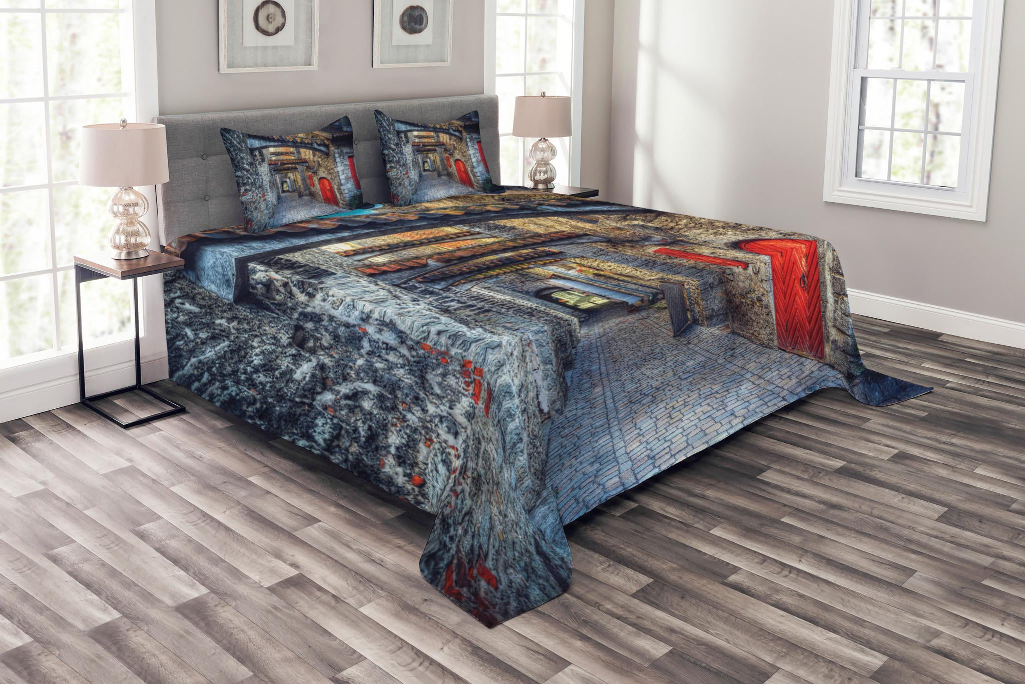 Ambesonne Medieval Quilted Bedspread Set 3 Pcs, Old Stone House Town ...
