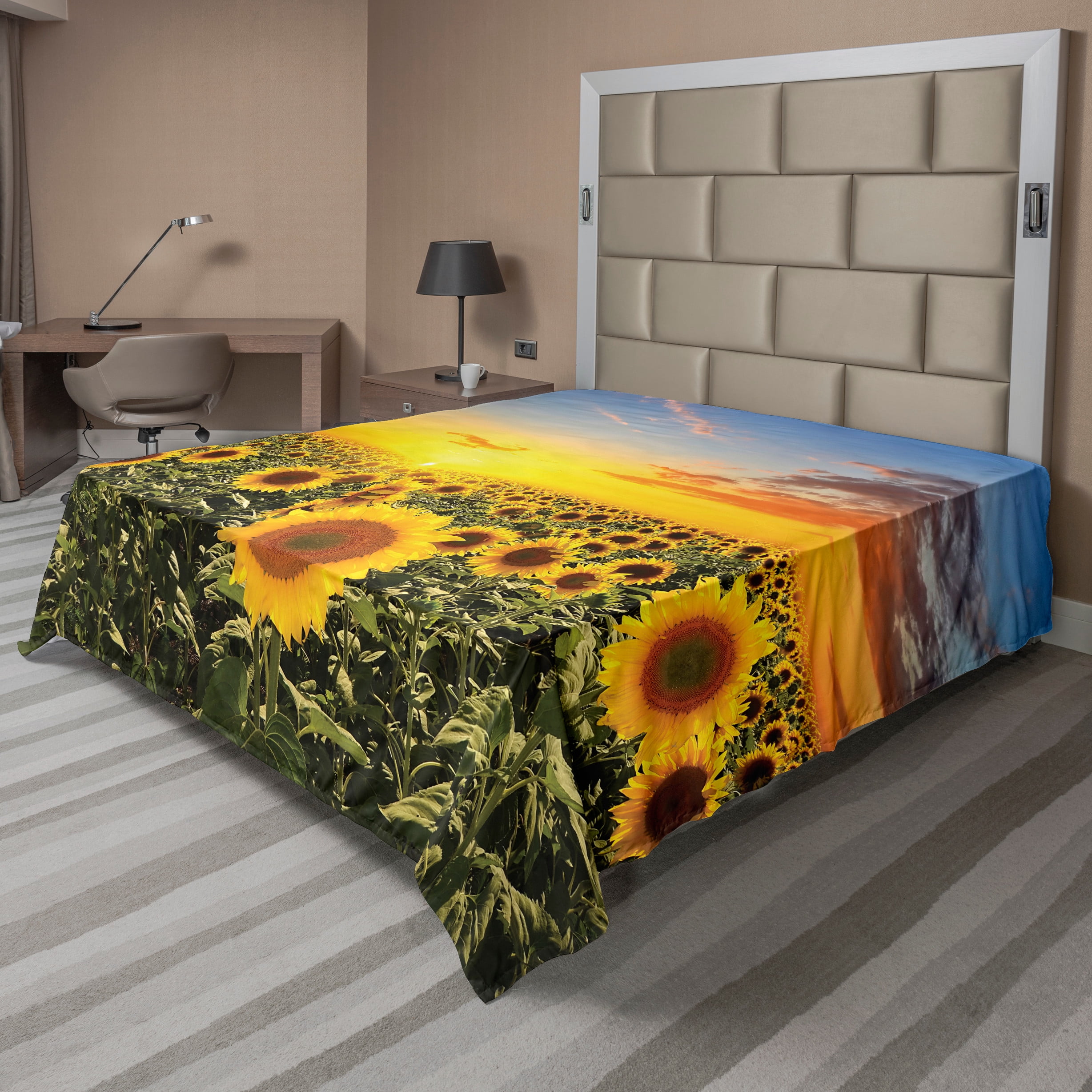 Ambesonne Mediterranean Flat Sheet, Sunflowers Field Dusk, Queen Size ...