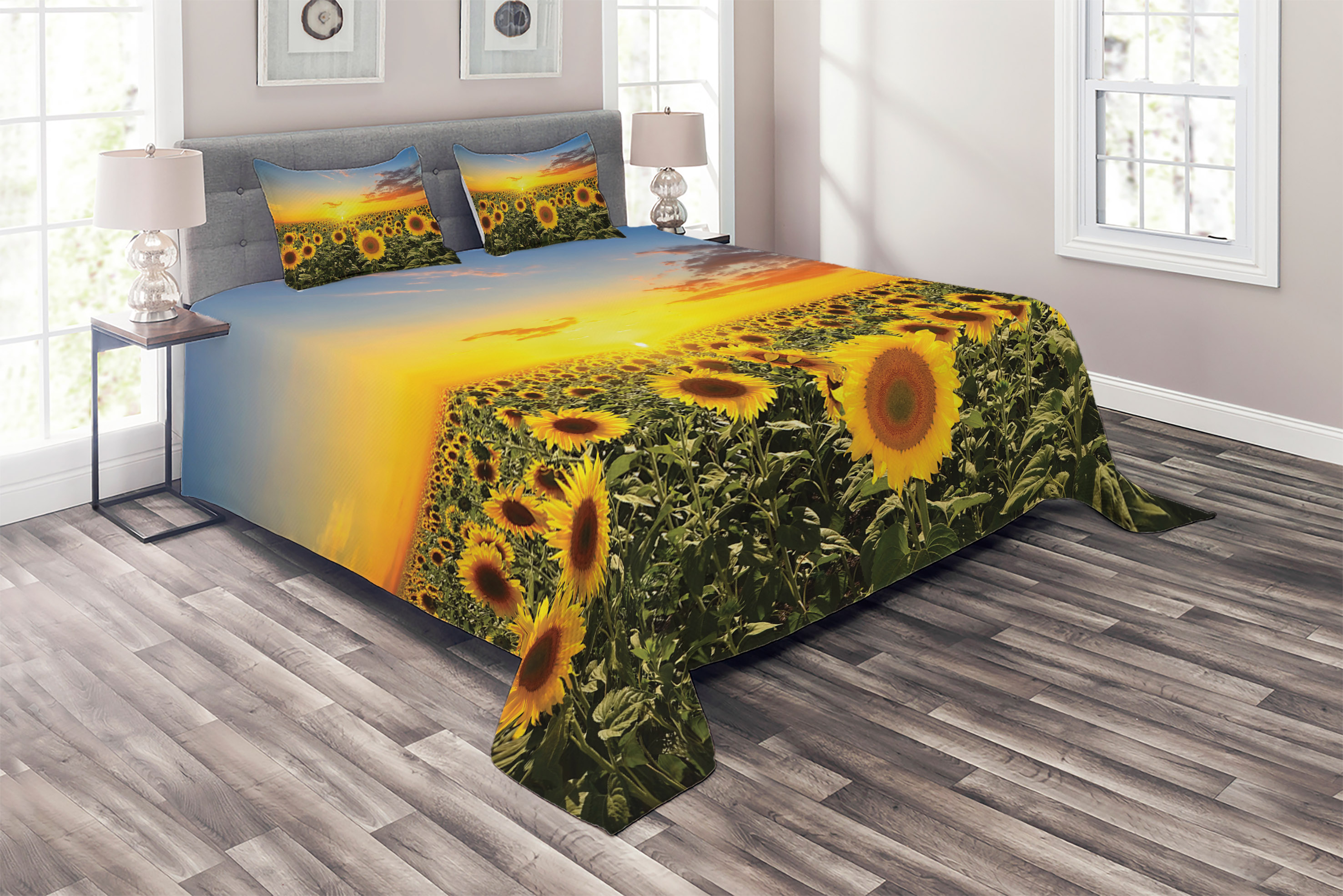 Ambesonne Mediterranean Quilted Coverlet 3 Pcs, Sunflowers Field Dusk ...