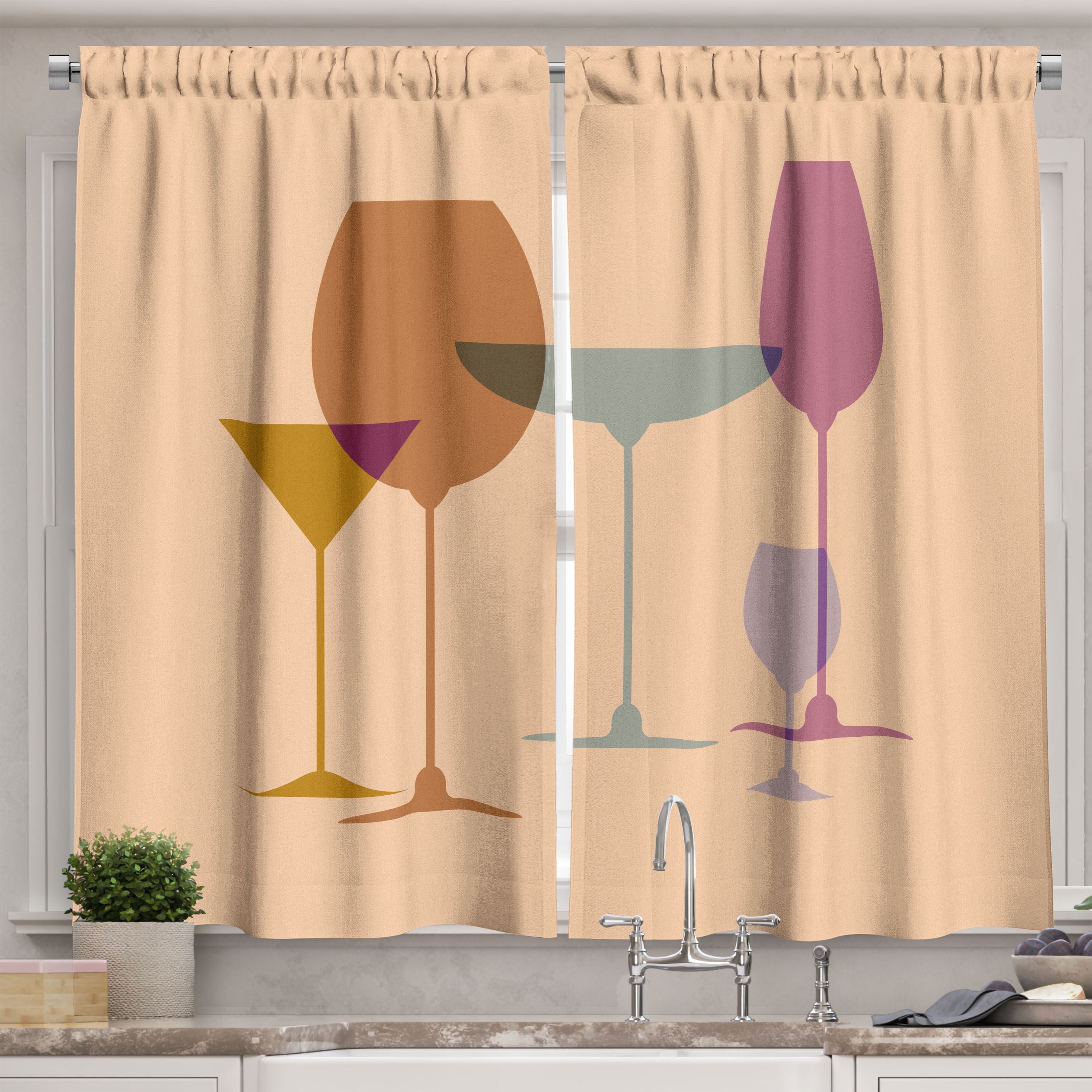 Ambesonne Merlot Kitchen Curtains, Wine Glasses Silhouette Art, 55"x39 ...