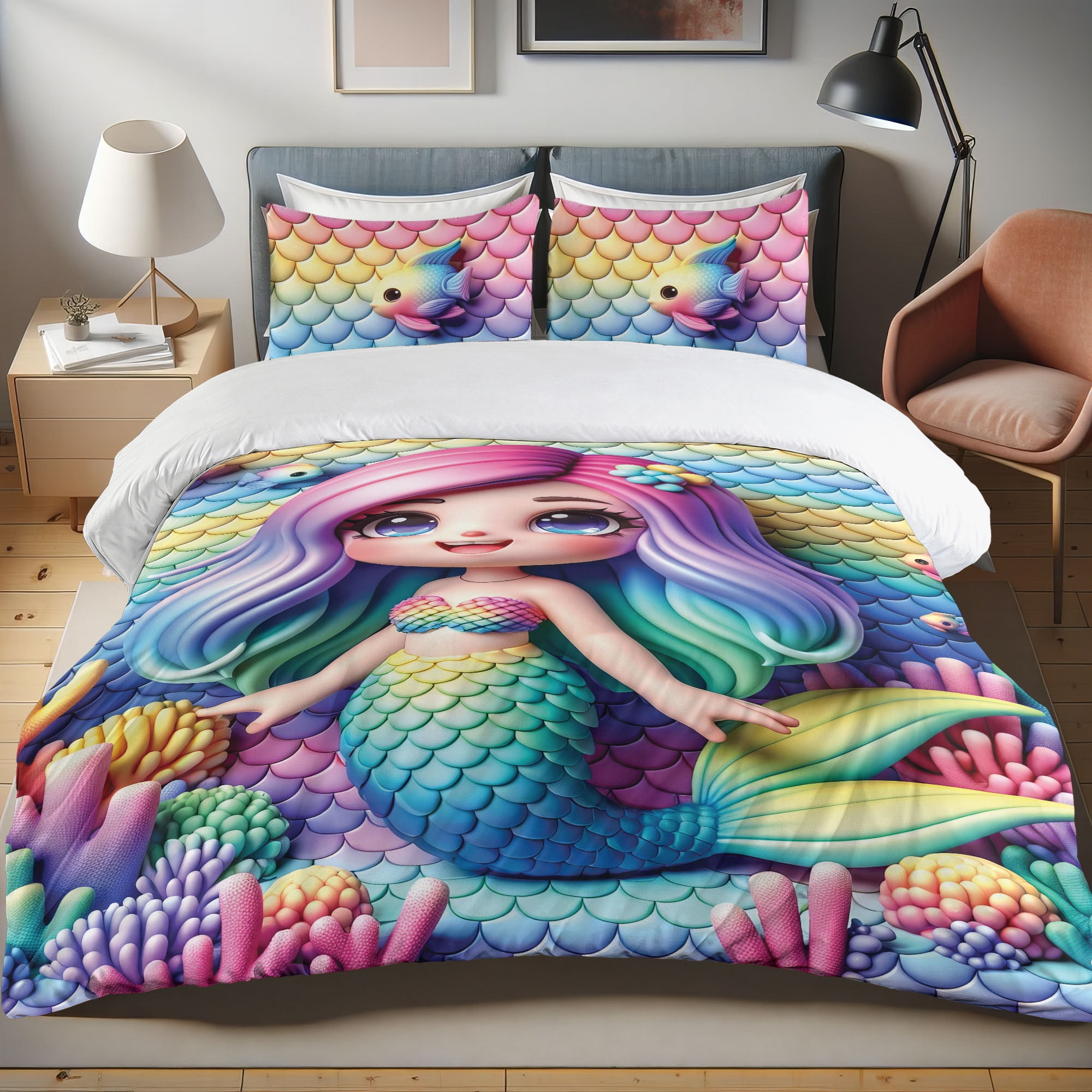 Ambesonne Mermaid Duvet Cover Set, Little Fish and Tail Scale, Twin ...