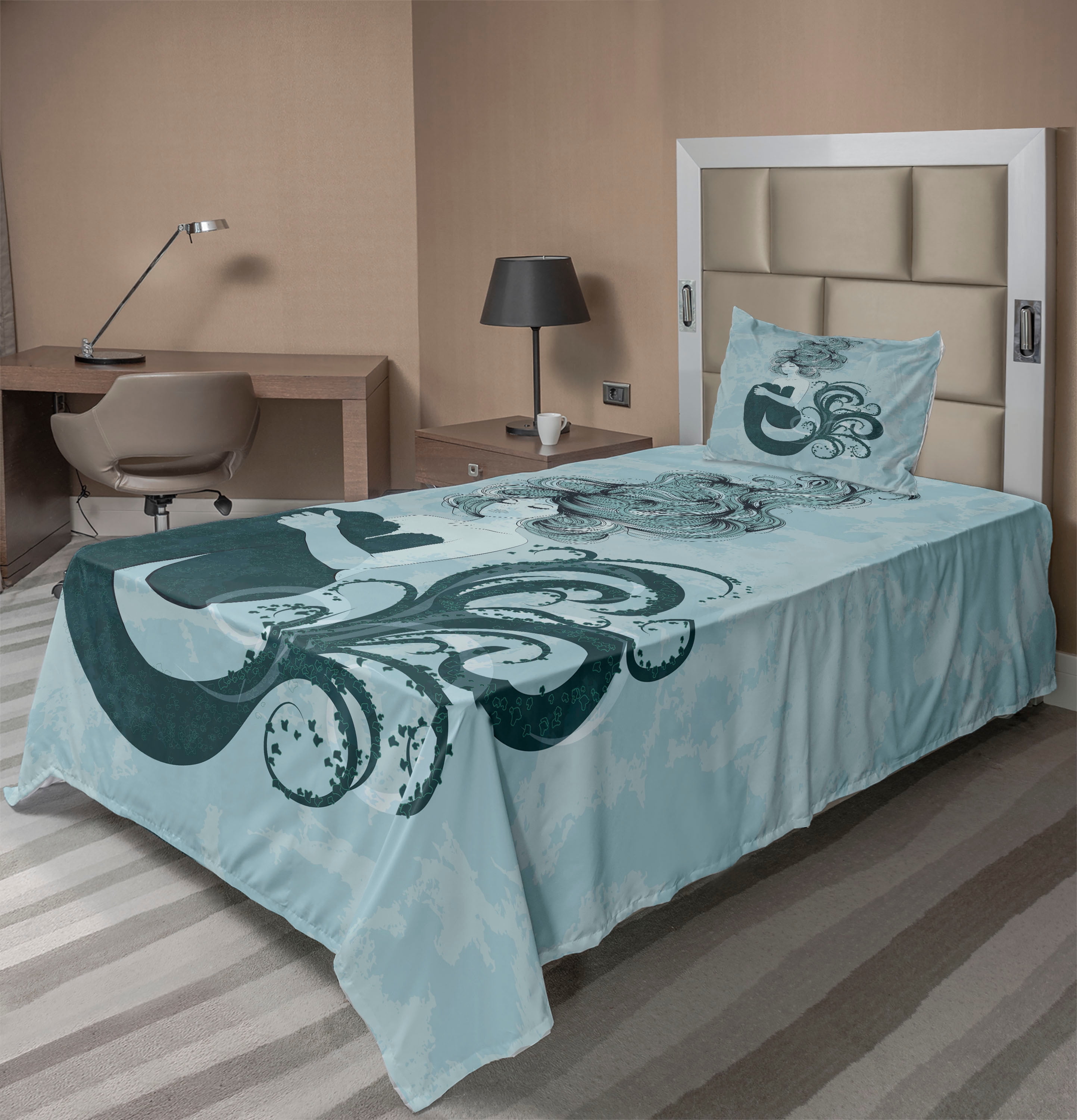 Ambesonne Mermaid Fitted & Top Sheet Set with Sham, Sleeping Lady ...
