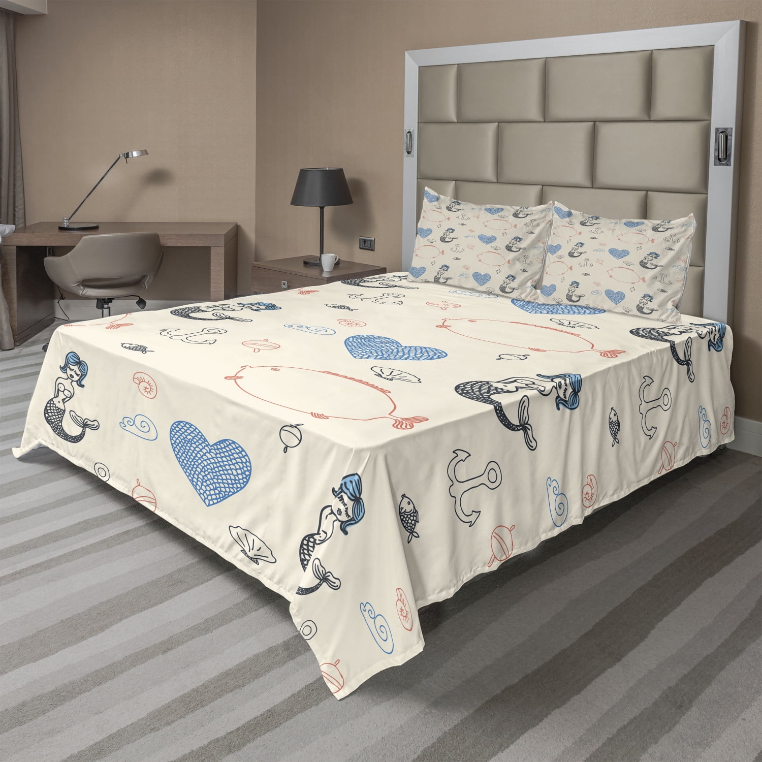 Ambesonne Mermaid Fitted & Top Sheet Set with Shams, Balloon Fish ...