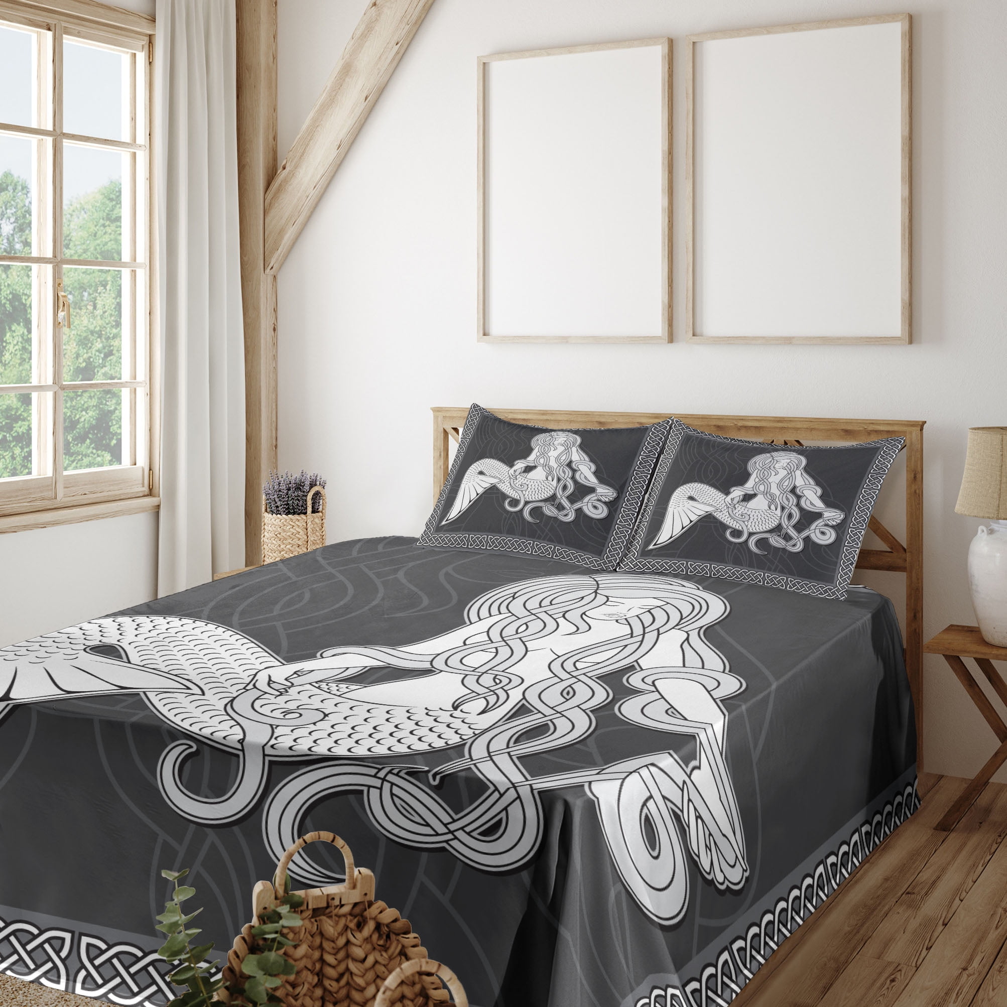 Ambesonne Mermaid Fitted & Top Sheet Set with Shams, Retro Celtic ...