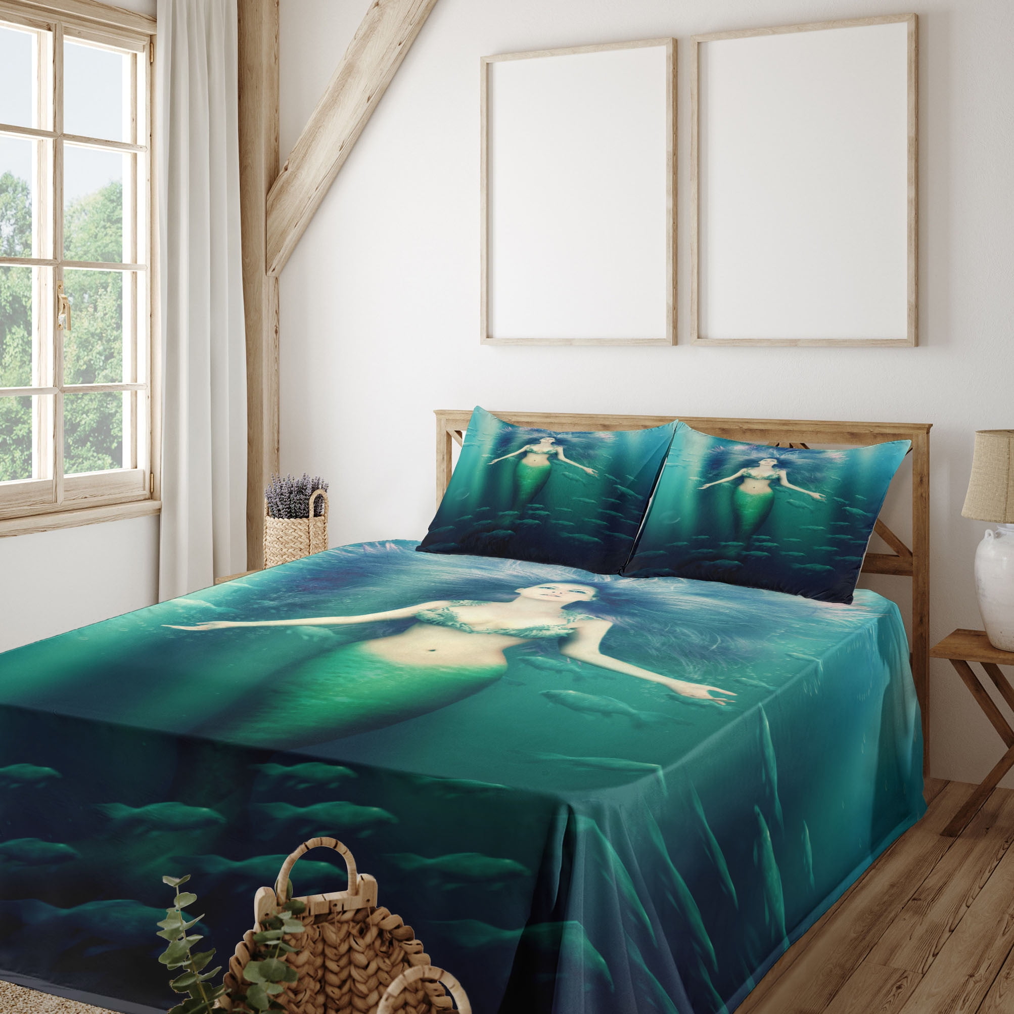 Ambesonne Mermaid Fitted & Top Sheet Set with Shams, Underwater Life ...