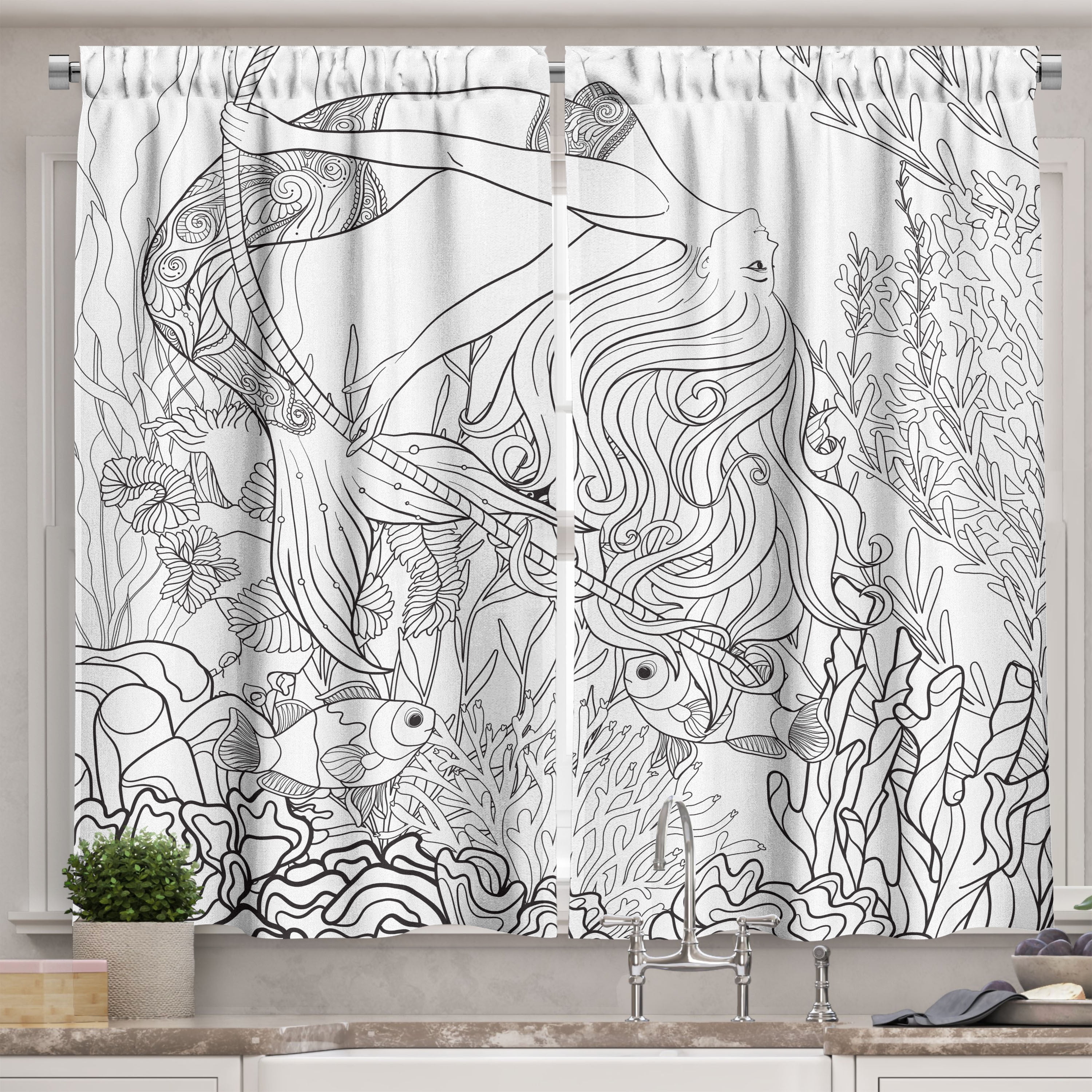 Ambesonne Mermaid Kitchen Curtains, Surreal Little Mermaid, 55"x45 ...
