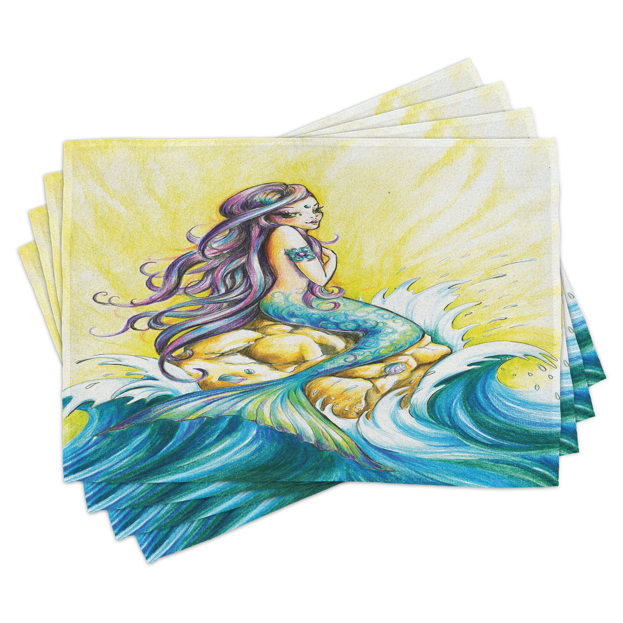 Ambesonne Mermaid Place Mats Set of 4, Fantasy Woman on Rock, Standard ...
