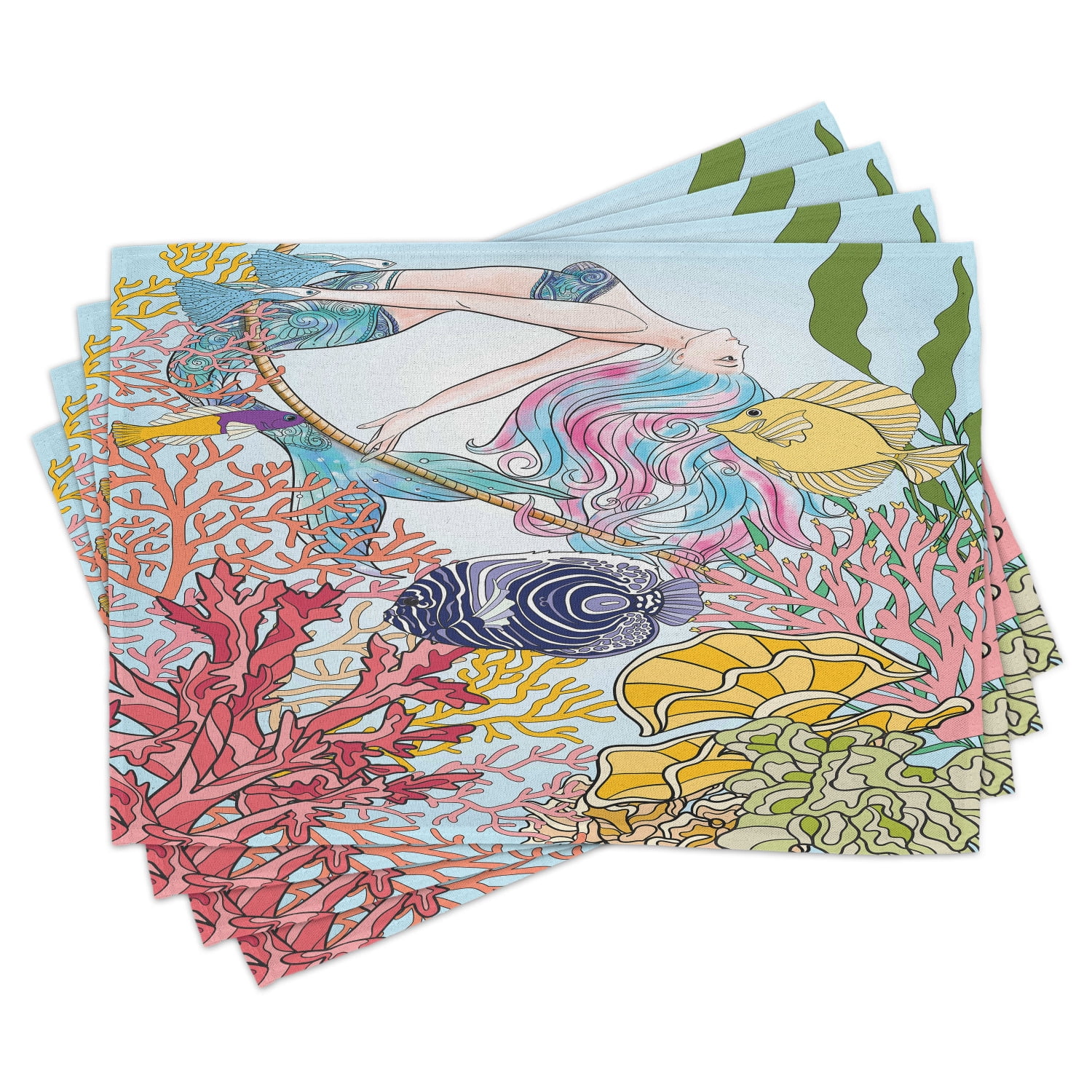 Ambesonne Mermaid Place Mats Set of 4, Sketchy Sea Coral Reefs ...