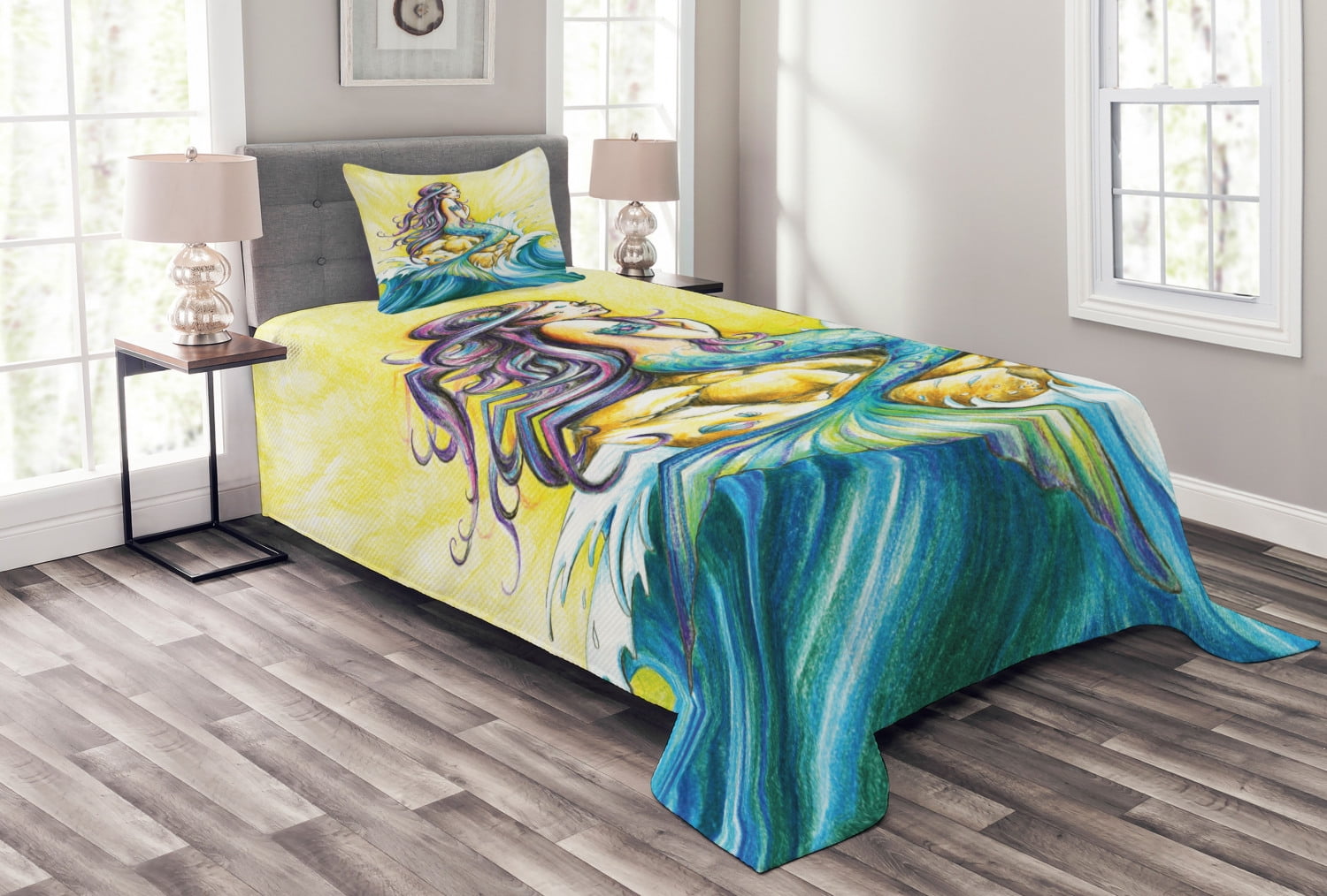 Ambesonne Mermaid Quilted Bedspread Set 2 Pcs, Fantasy Woman on Rock ...