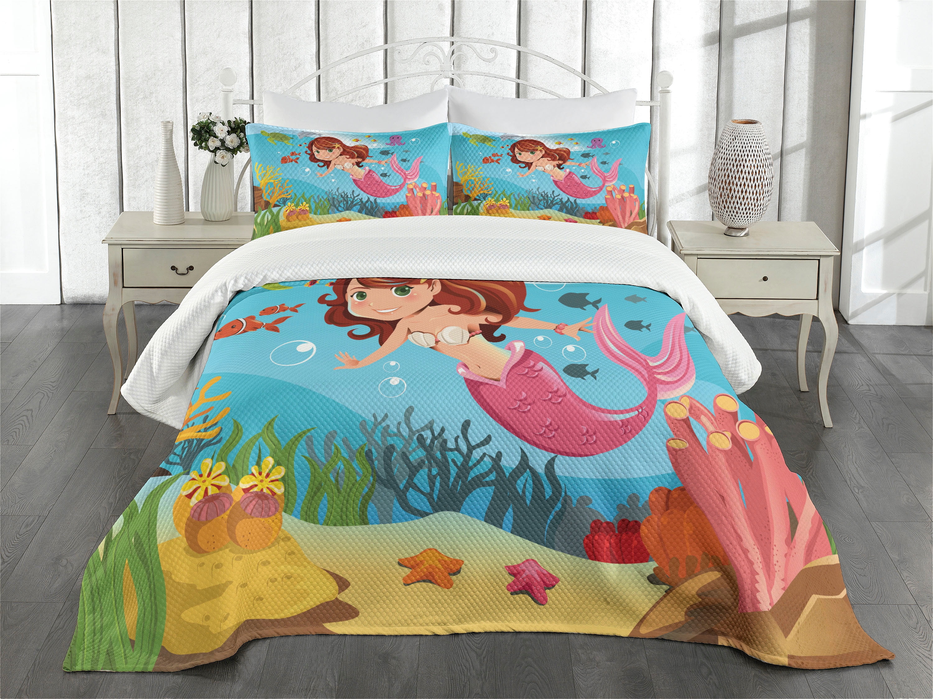 Ambesonne Mermaid Quilted Bedspread Set 3 Pcs, Cheerful Underwater ...