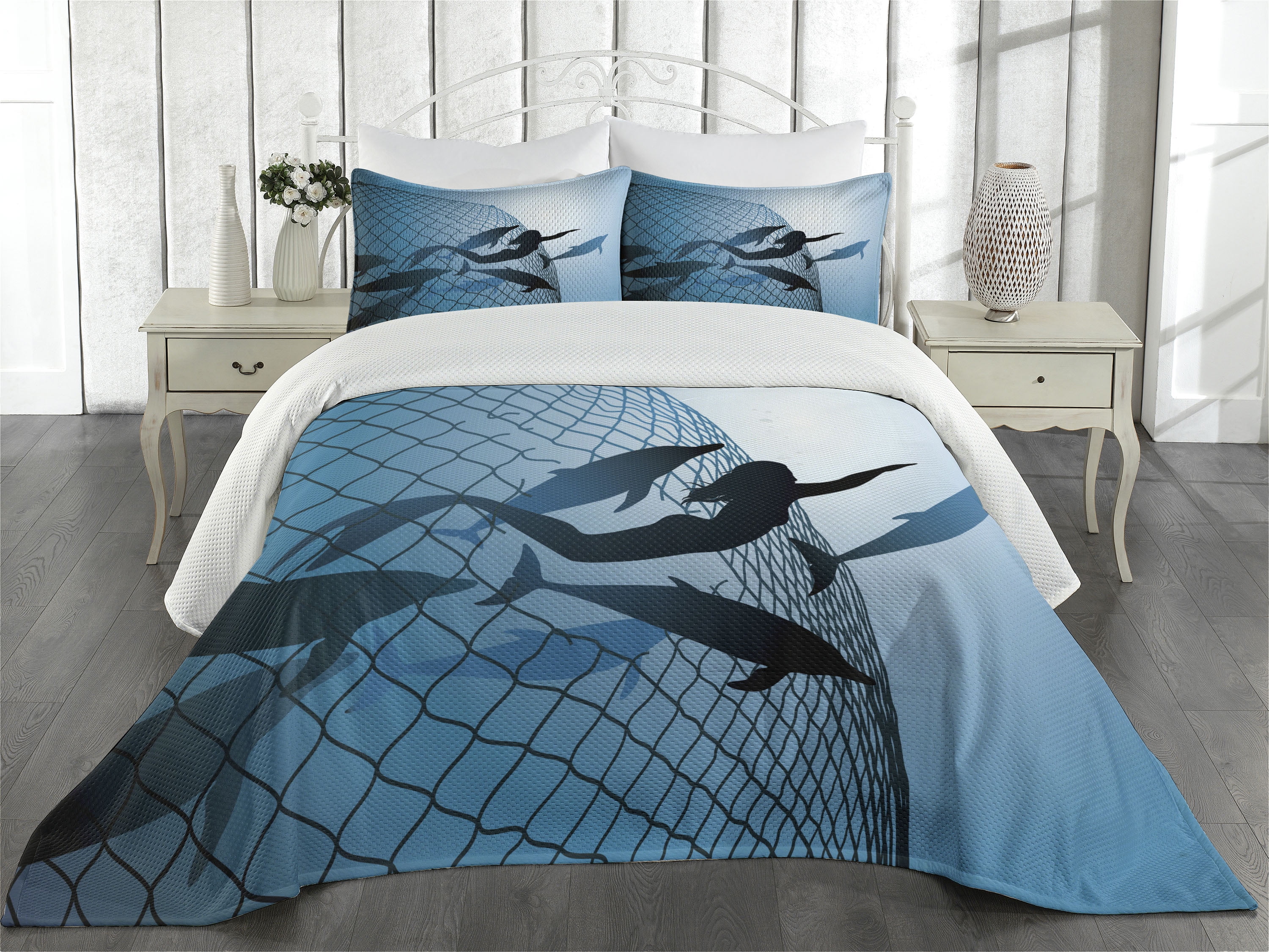 Ambesonne Mermaid Quilted Coverlet 3 Pcs, Flight of Dolphins, Queen ...