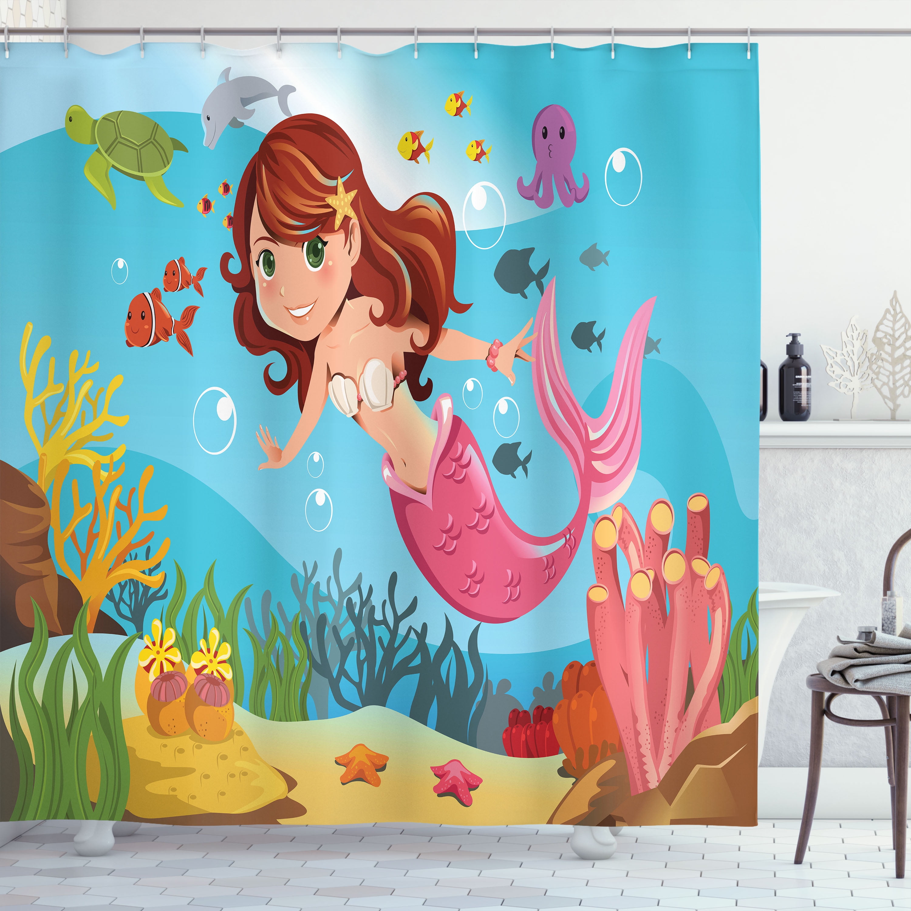 Ambesonne Mermaid Shower Curtain, Cheerful Underwater, 69"Wx70"L ...