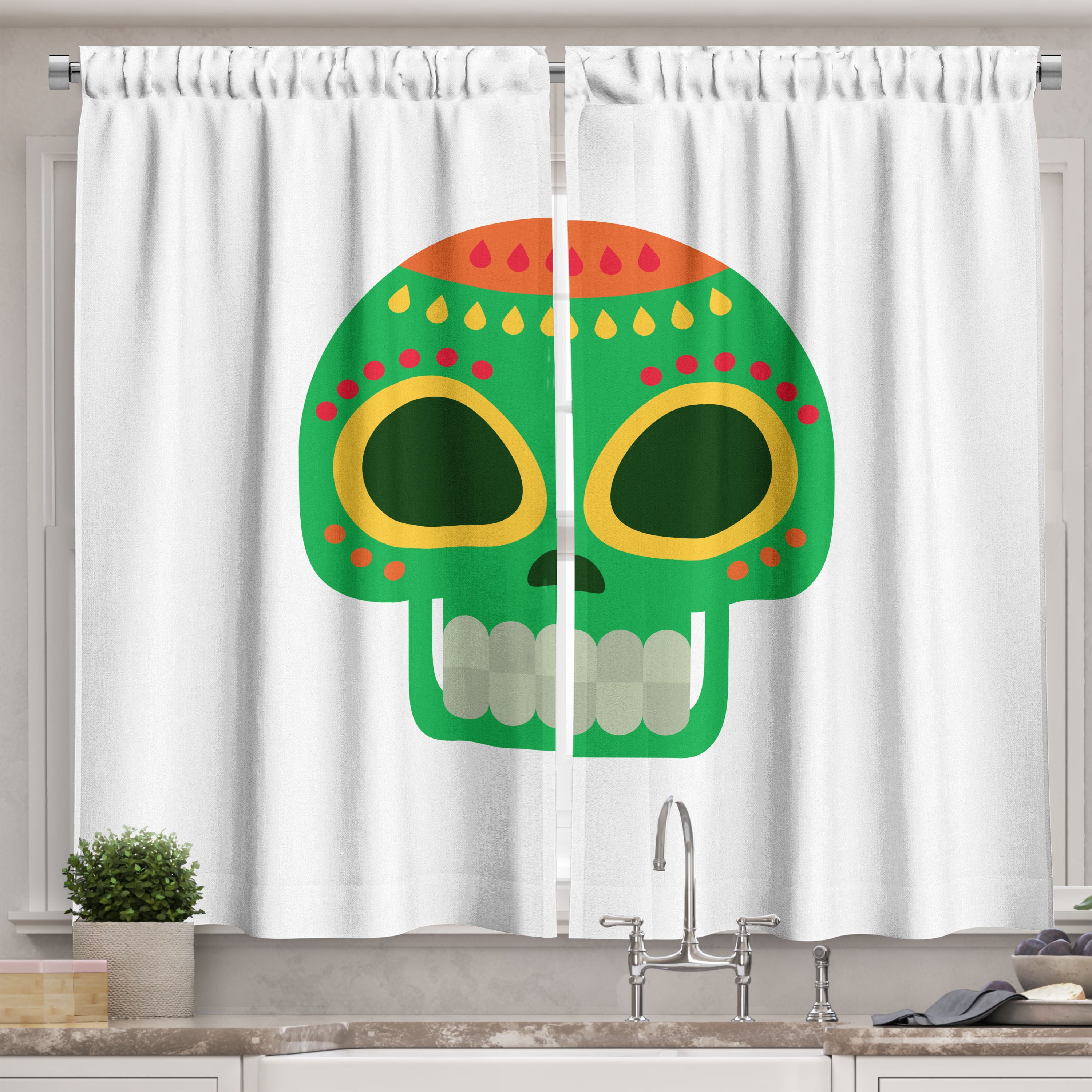 Ambesonne Mexican Kitchen Curtains, Sugar Skull with Dots Art, 55"x24 ...