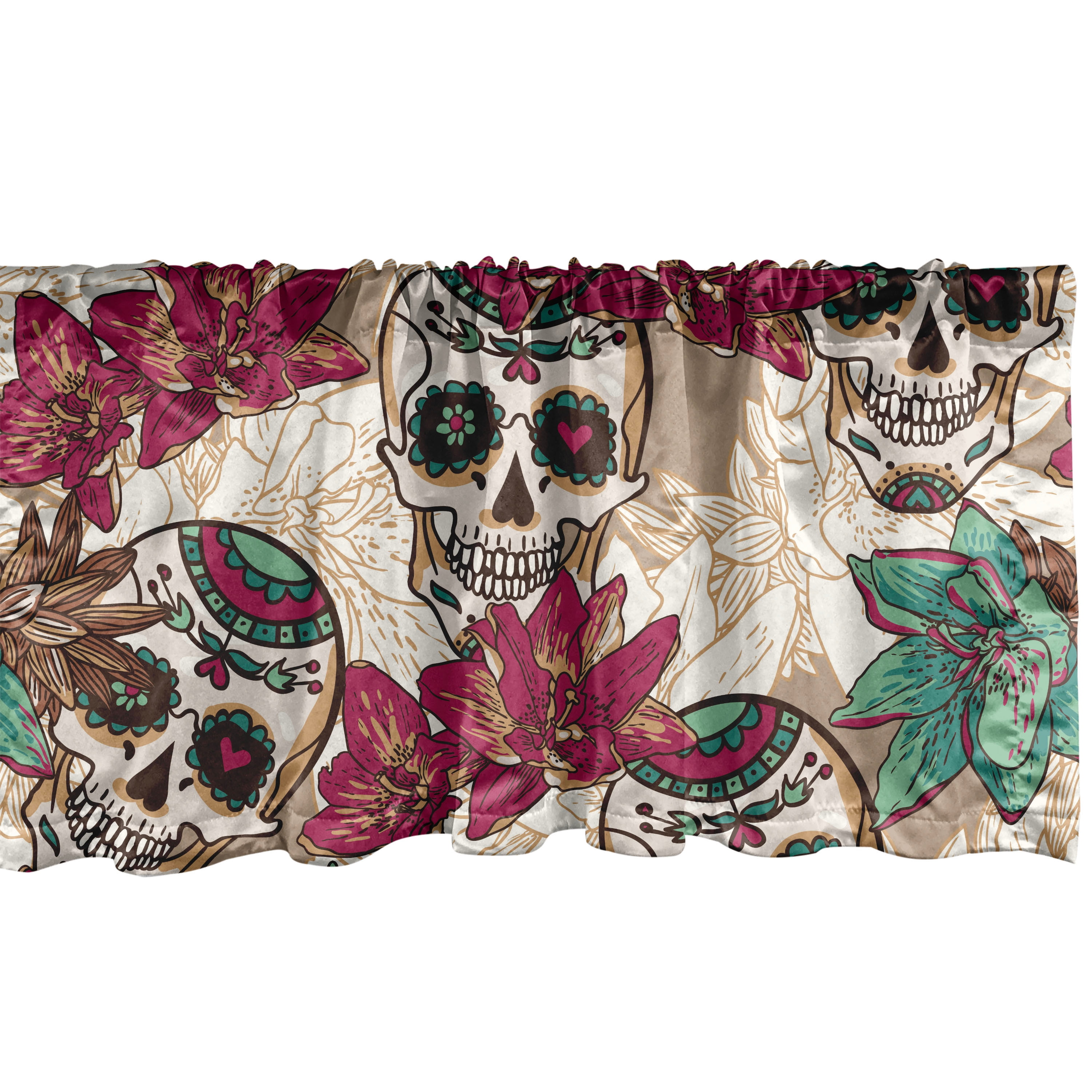 Ambesonne Mexican Window Valance with Rod Pocket, Sugar Skulls Hearts ...
