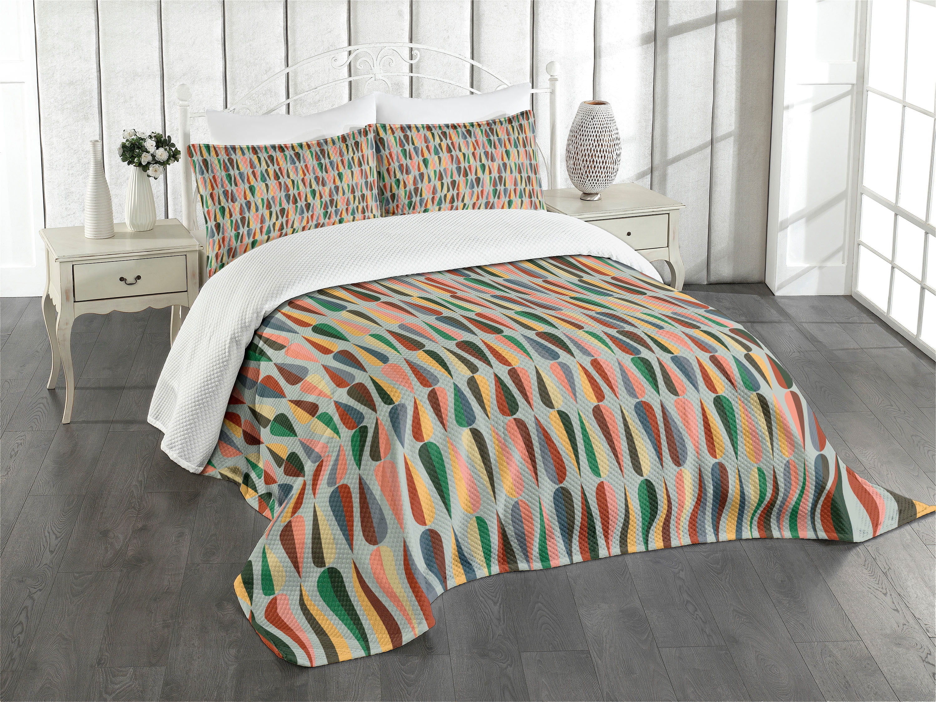 Ambesonne Mid Century Quilted Bedspread Set 3 Pcs, 2 Color Droplets ...