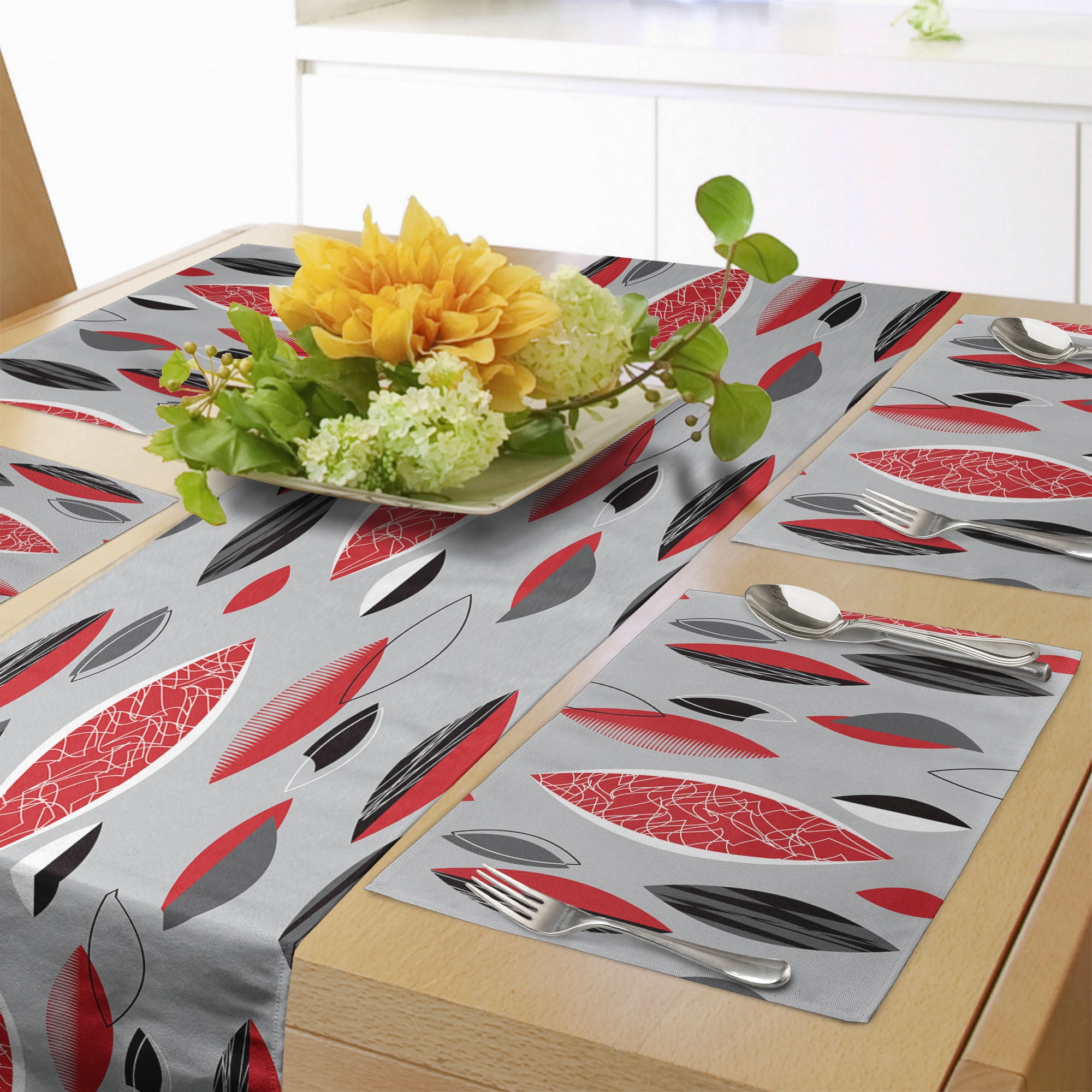 Ambesonne Mid Century Table Runner & Placemats, Abstract Oval Leaf ...