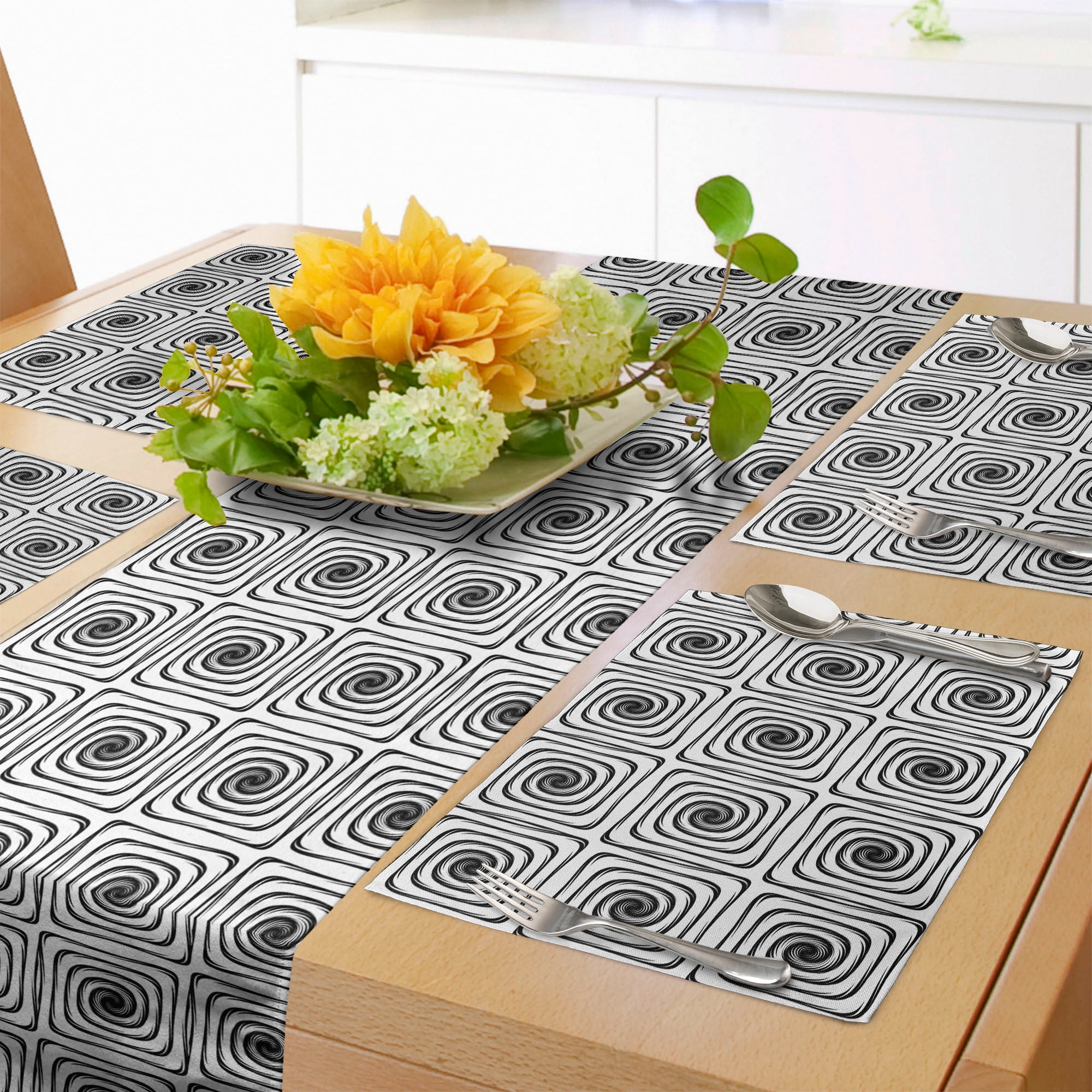 Ambesonne Minimalist Table Runner & Placemats, Simple Square Spirals ...