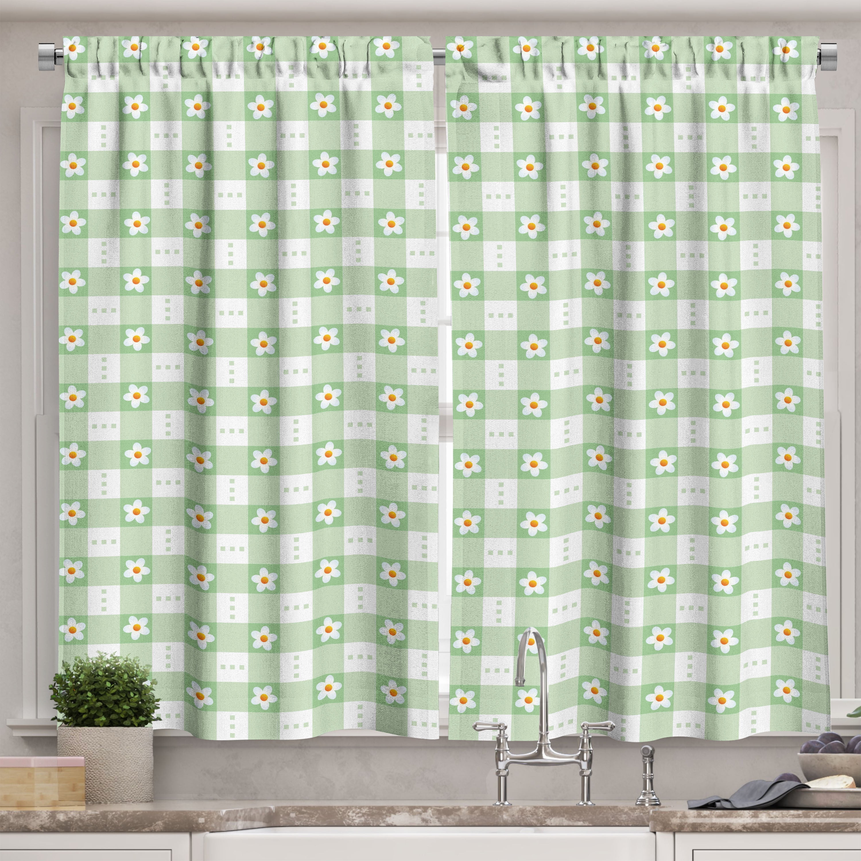 Ambesonne Mint Green Kitchen Curtains, Daisy Flower Petals, 55"x45 ...