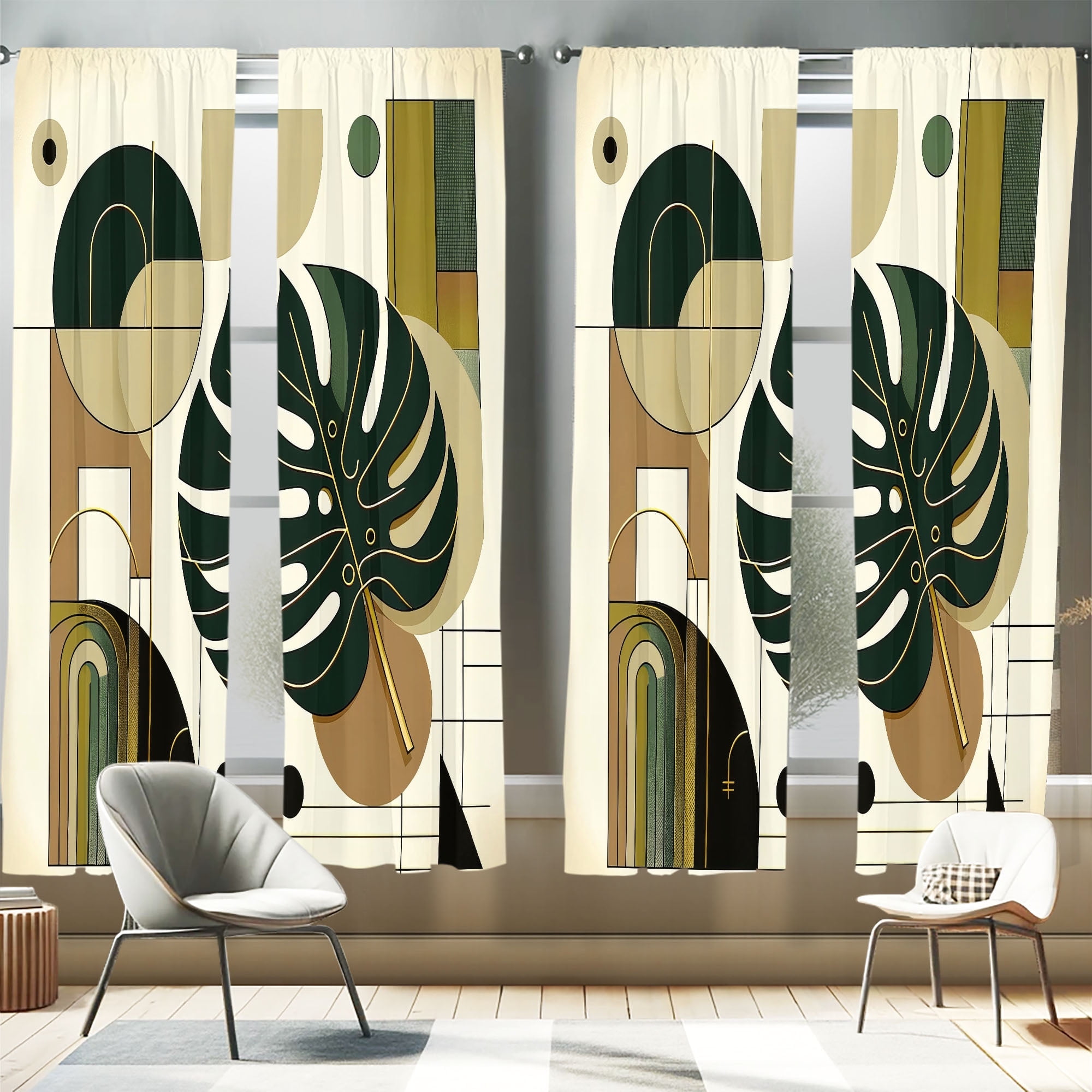 Ambesonne Modern 4-Panel Curtains, Monstera Leaf Mid Century, 56"x63 ...