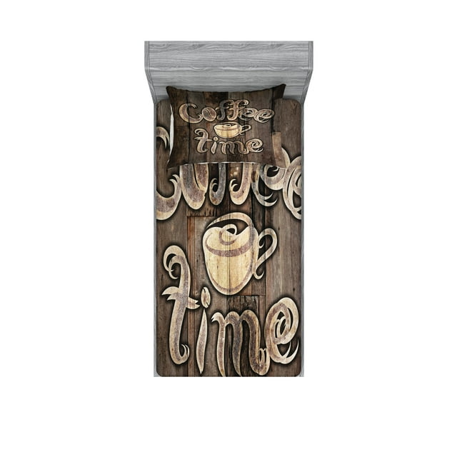 Ambesonne Modern Fitted Sheet & Pillow Sham Set, Coffee Time Grunge ...