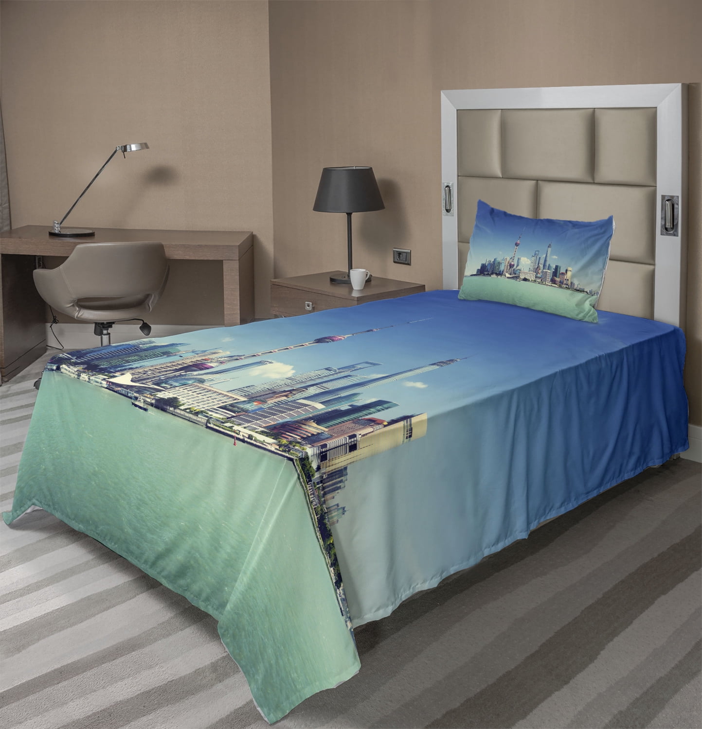 Ambesonne Modern Fitted & Top Sheet Set with Sham, Shanghai Scenery ...