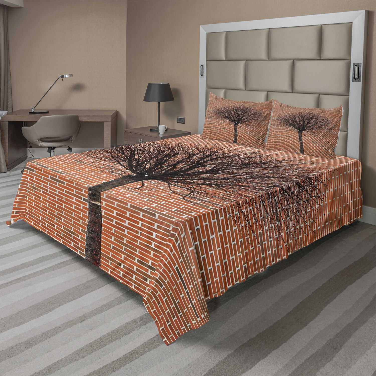 Ambesonne Modern Fitted & Top Sheet Set with Shams, Brick Wall Lonely ...