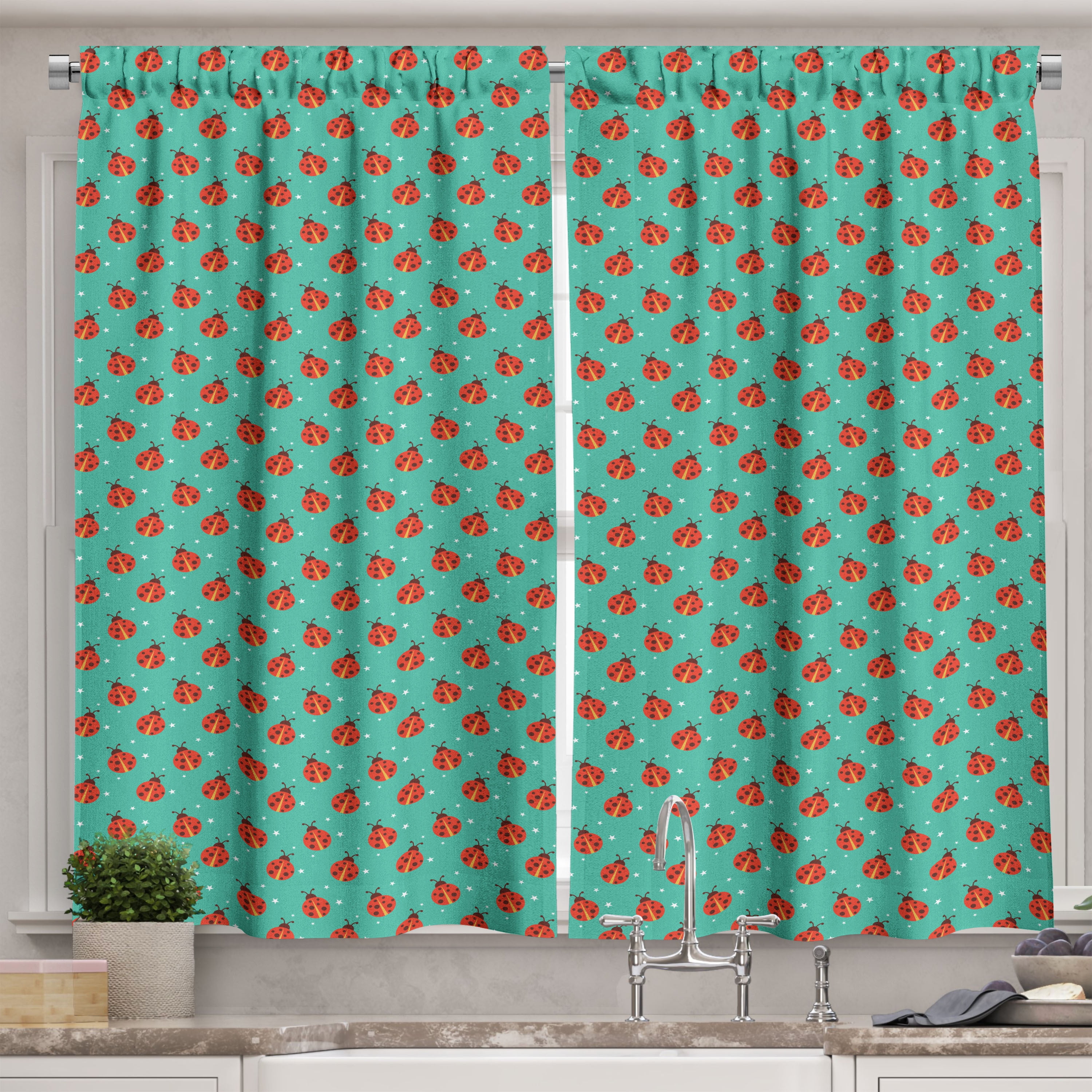 Ambesonne Modern Kitchen Curtains, Ladybugs Tiny Stars, 55"x45", Teal ...