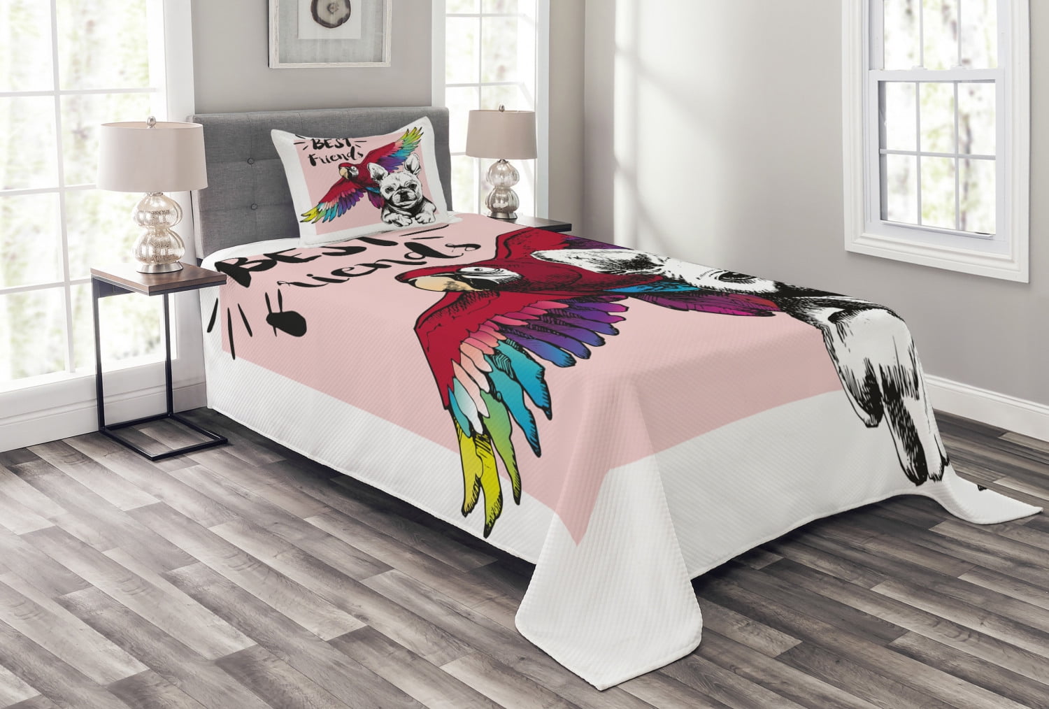 Ambesonne Modern Quilted Bedspread Set 2 Pcs, Bulldog Parrot Friends ...