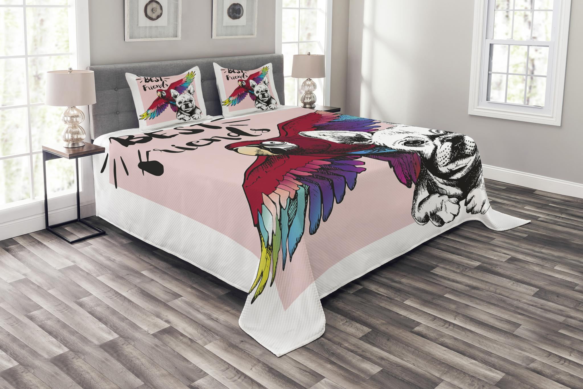 Ambesonne Modern Quilted Bedspread Set 3 Pcs, Bulldog Parrot Friends ...