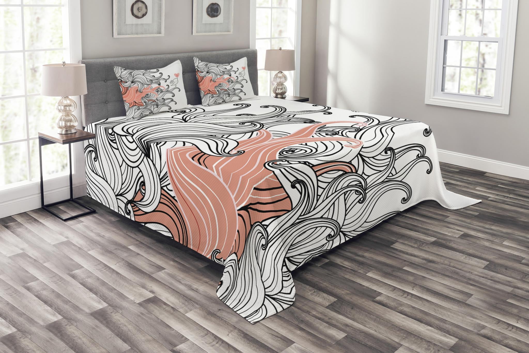 Ambesonne Modern Quilted Bedspread Set 3 Pcs, Graphic Swirls Wave Bird ...