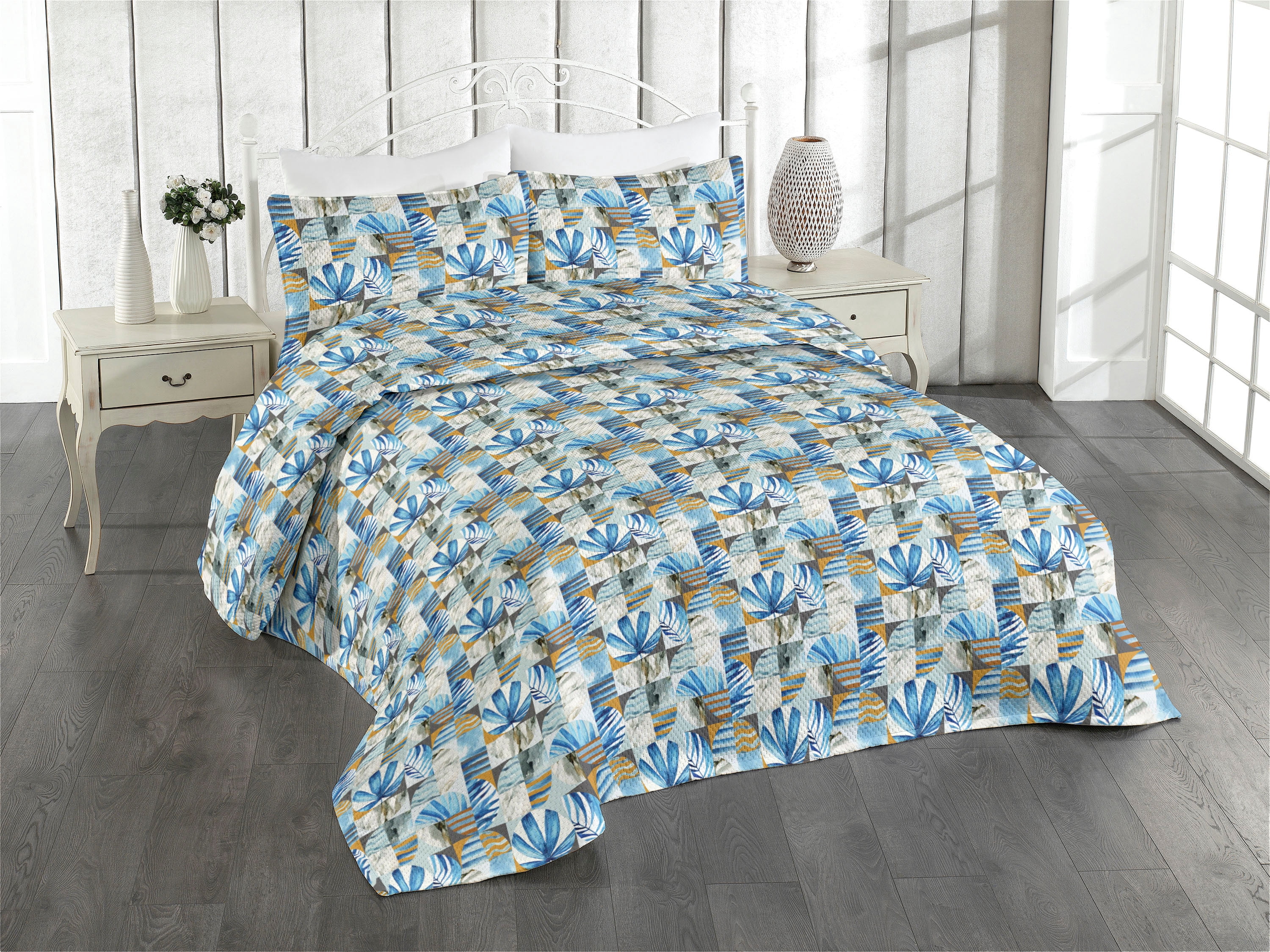 Ambesonne Modern Quilted Bedspread Set 3 Pcs, Leaves Tropical Oceanic ...