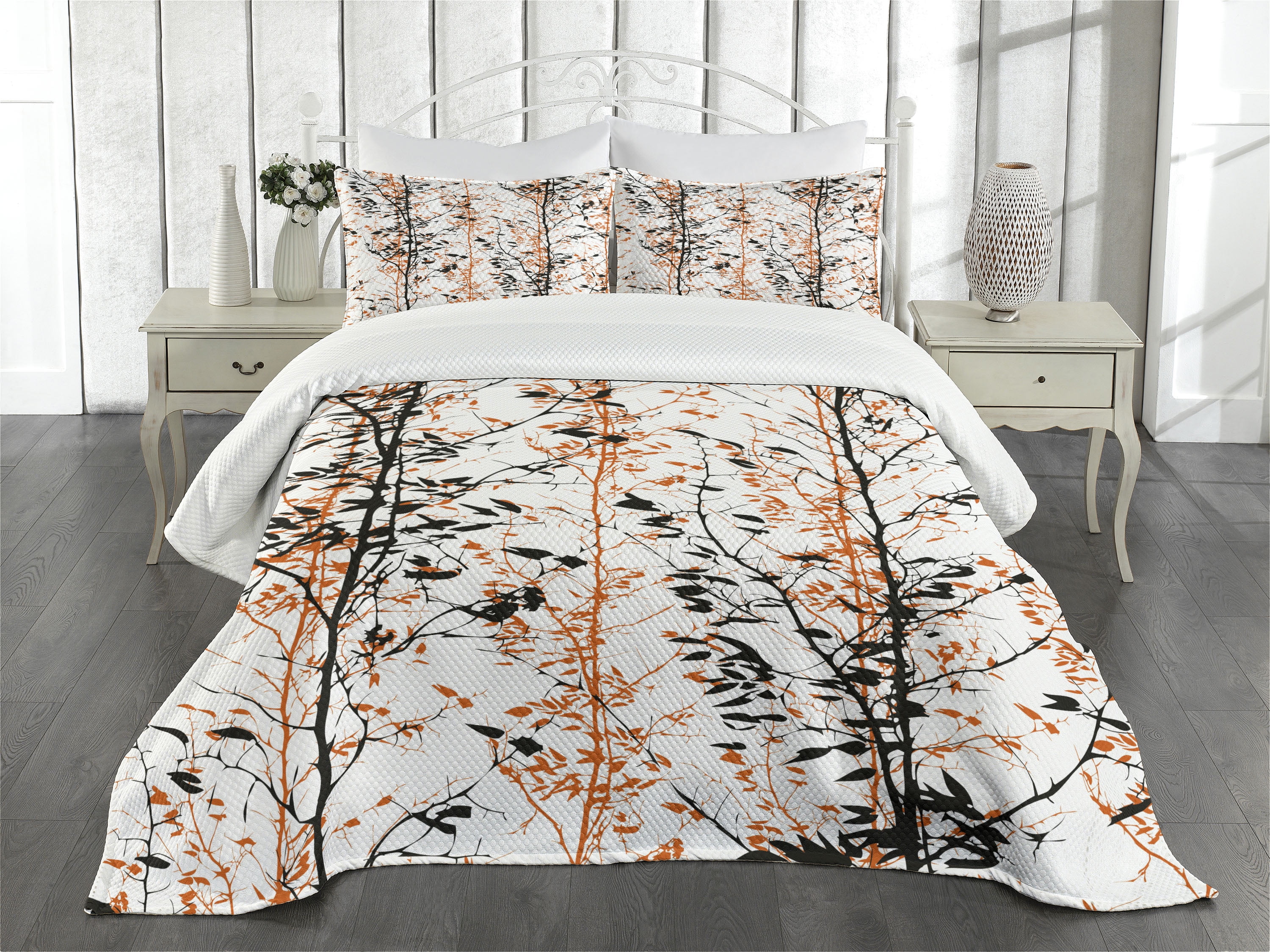 Ambesonne Modern Quilted Bedspread Set 3 Pcs, Tree Silhouettes Art ...