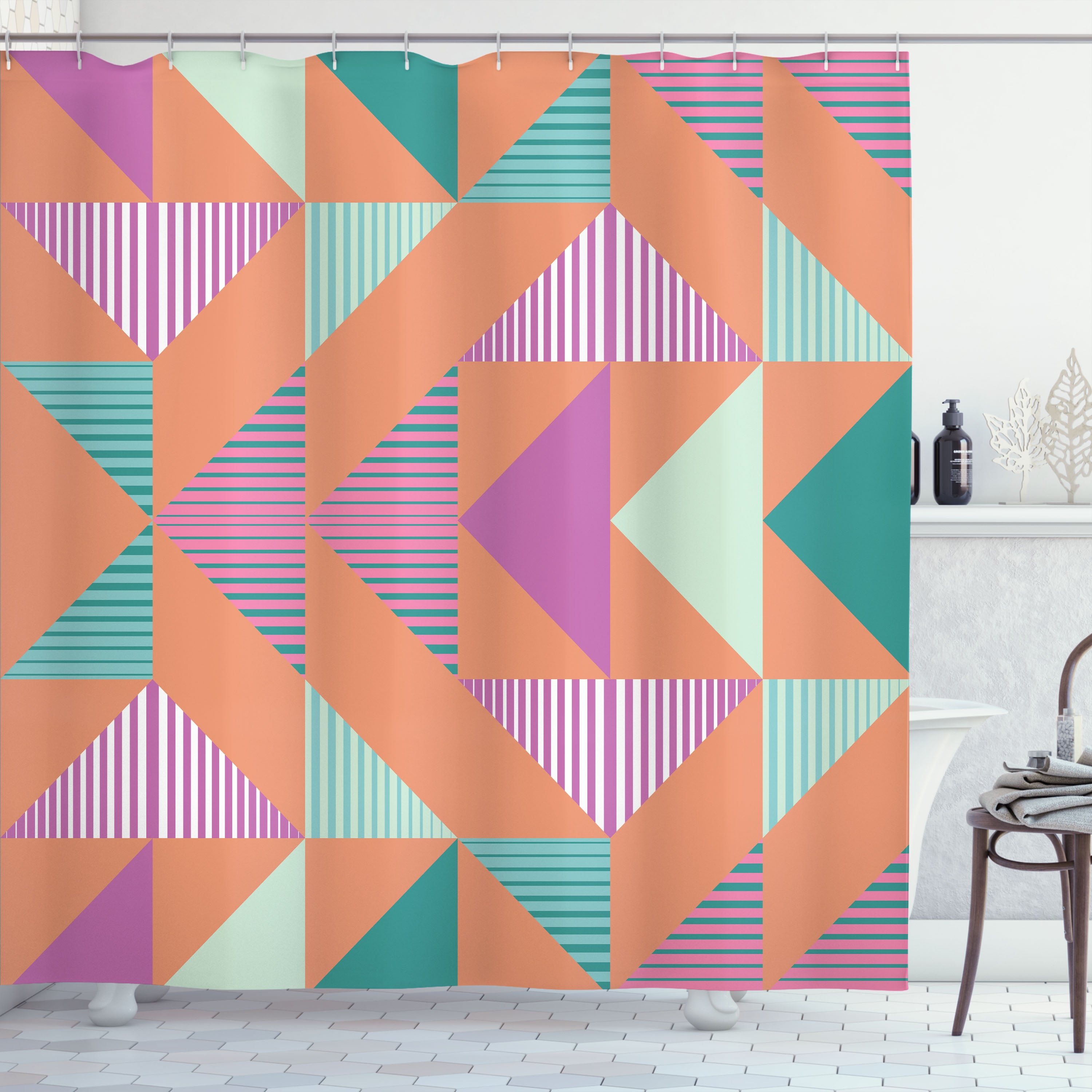 Ambesonne Modern Shower Curtain, Pastel Triangles Artwork, 69"Wx84"L, Dark Peach Multicolor ...