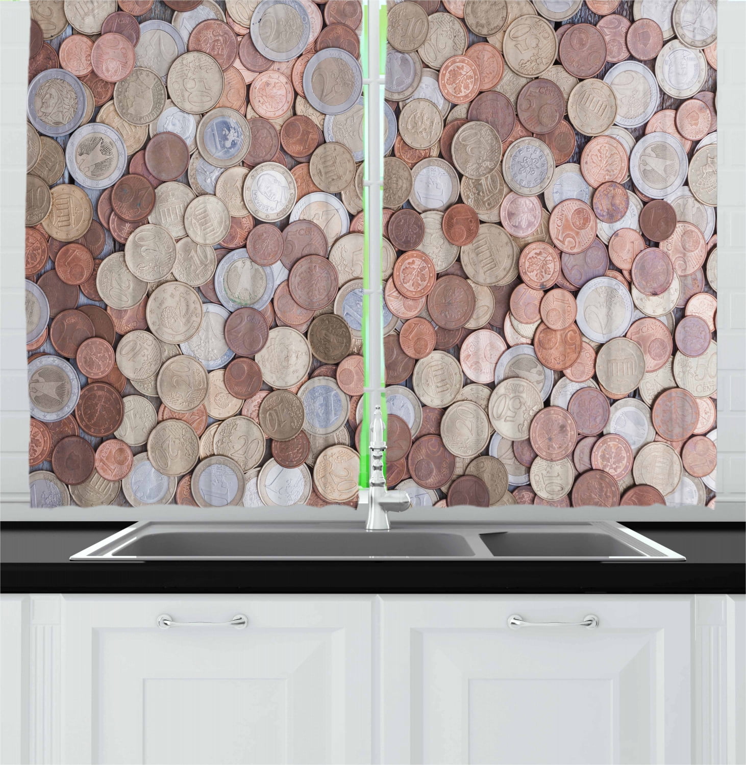 Ambesonne Money Kitchen Curtains, Euros and Cent Coins, 55"x39", Umber ...