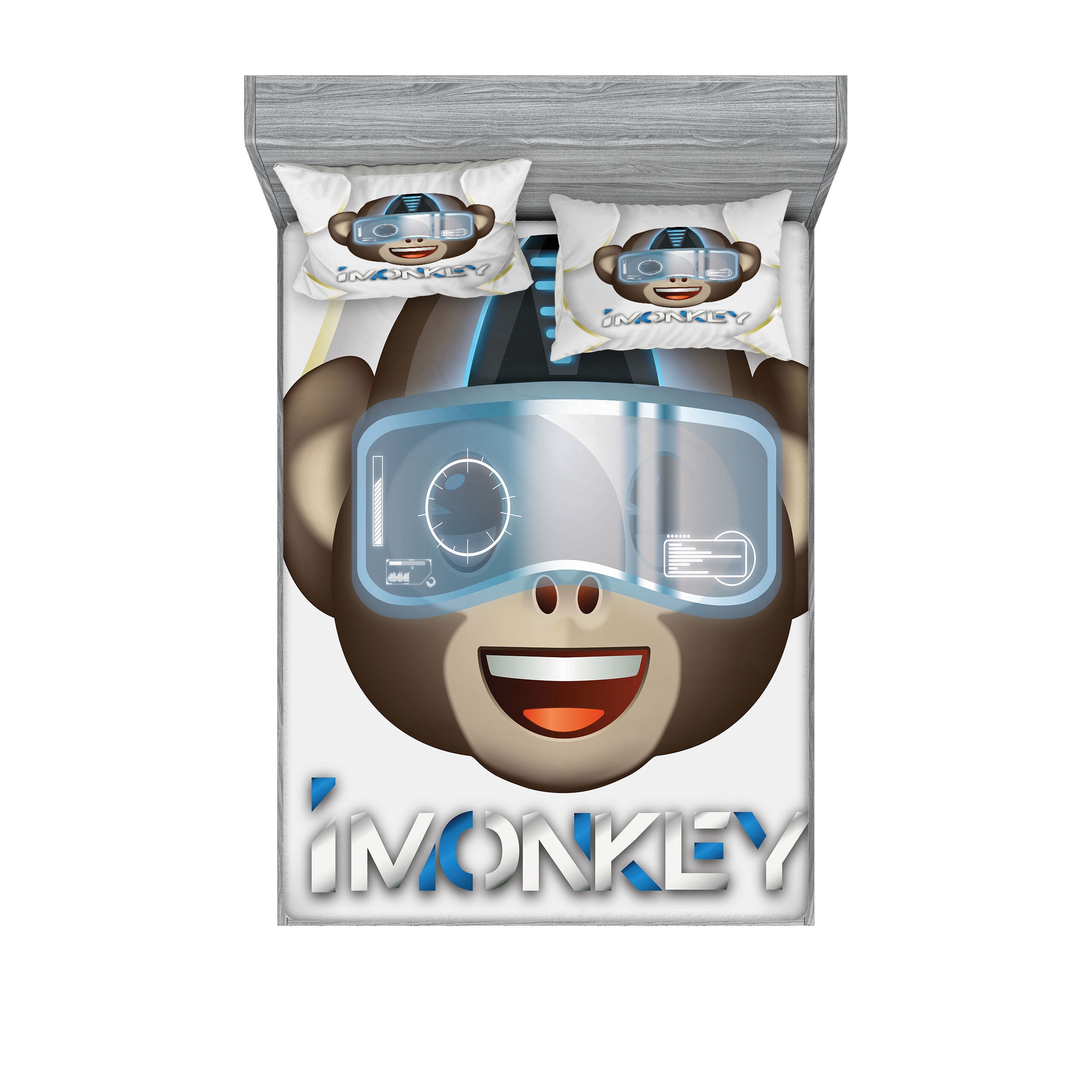 Ambesonne Monkey Emoji Fitted Sheet & Pillow Sham Set, Funny Sci-Fi ...