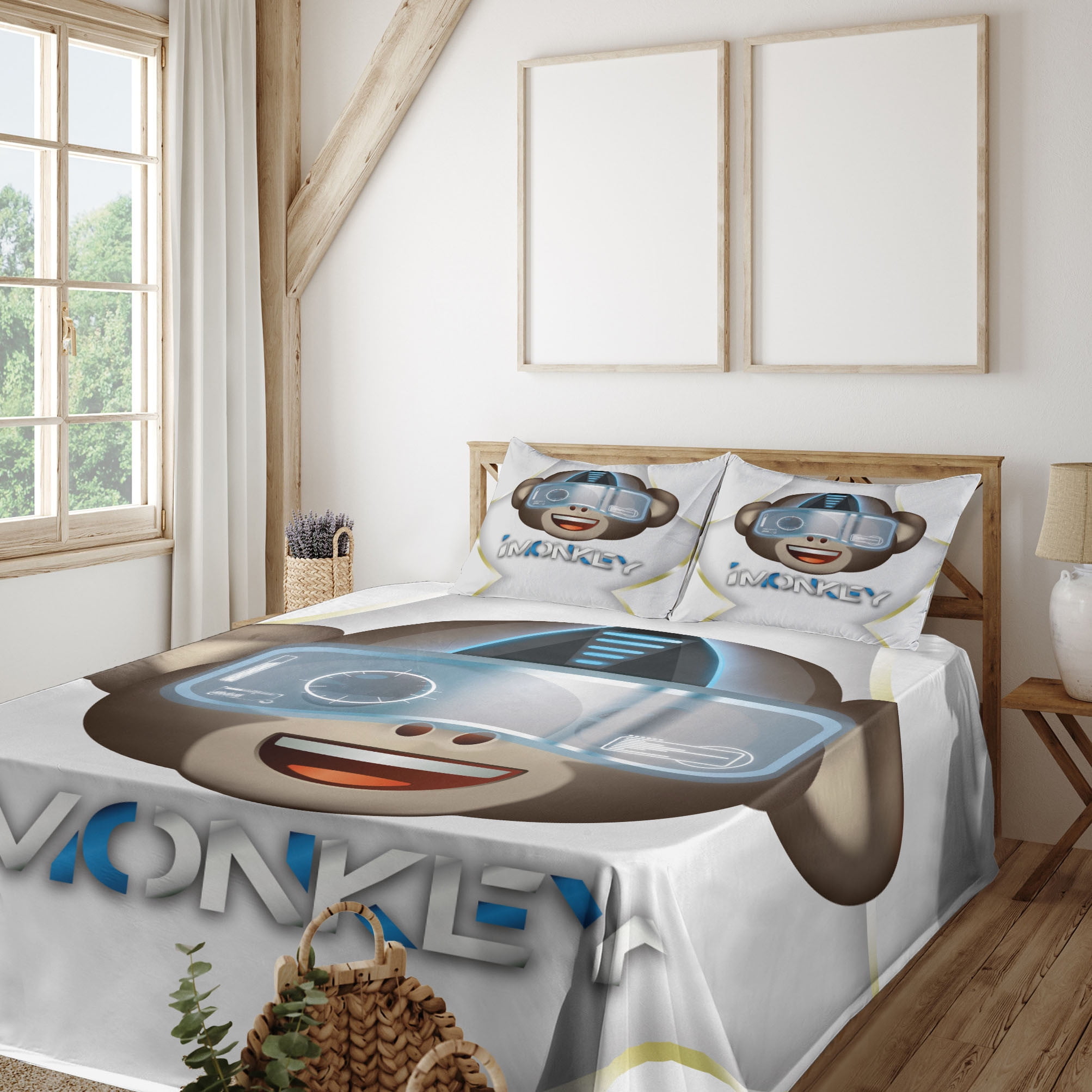 Ambesonne Monkey Emoji Fitted & Top Sheet Set with Shams, Funny Sci-Fi ...