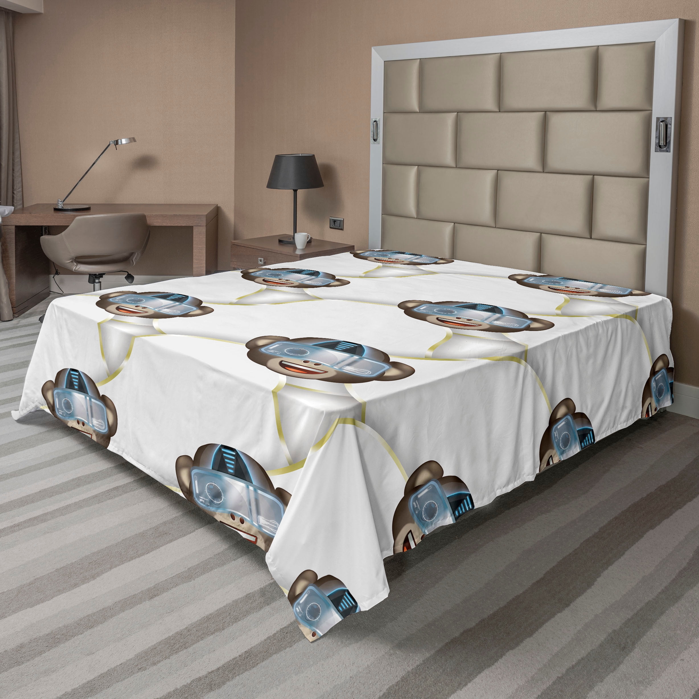 Ambesonne Monkey Emoji Flat Sheet, Futuristic Cyber Faces, Queen Size ...