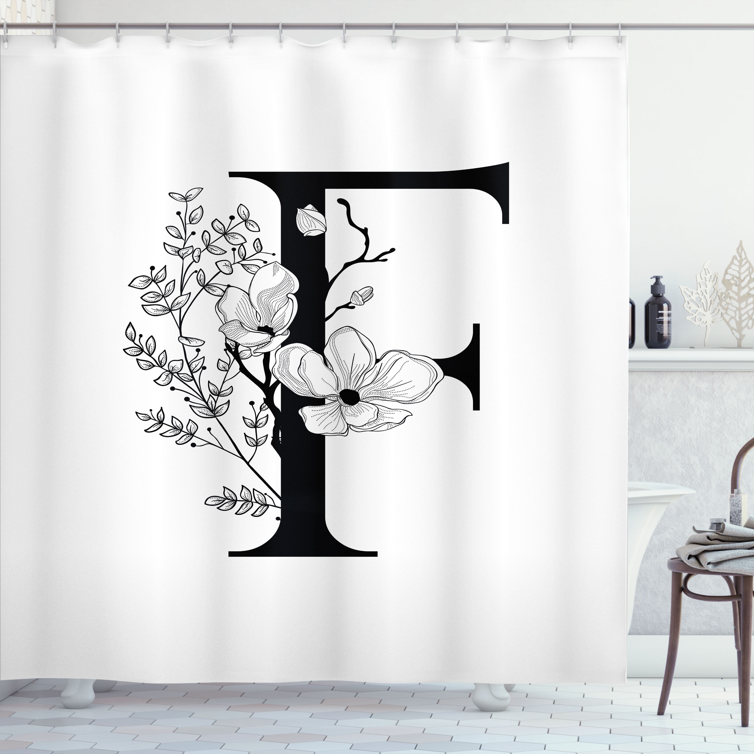 Ambesonne Monogram Shower Curtain, Flowers with Letter F Art, 69"Wx84"L ...