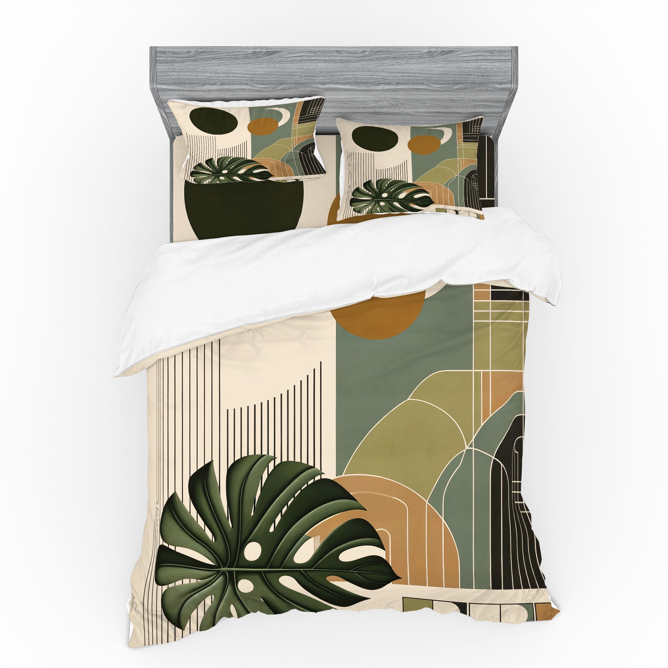 Ambesonne Monstera Bedding Set 4 Pcs, Boho Abstract Mid Century, Queen, Beige Evergreen and ...