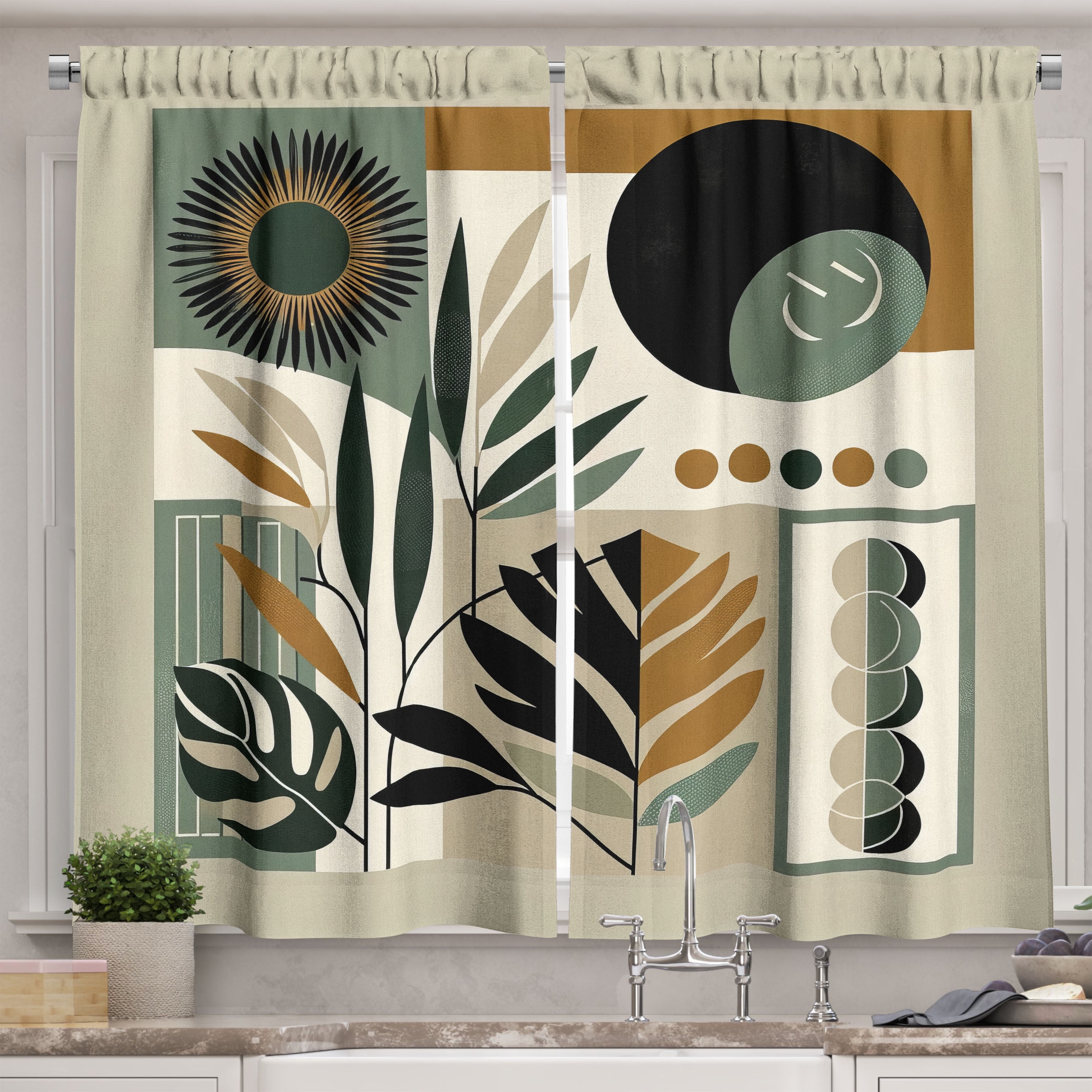Ambesonne Monstera Kitchen Curtains, Abstract Boho Leaves Art, 55"x36", Dark Sepia Pale Brown ...