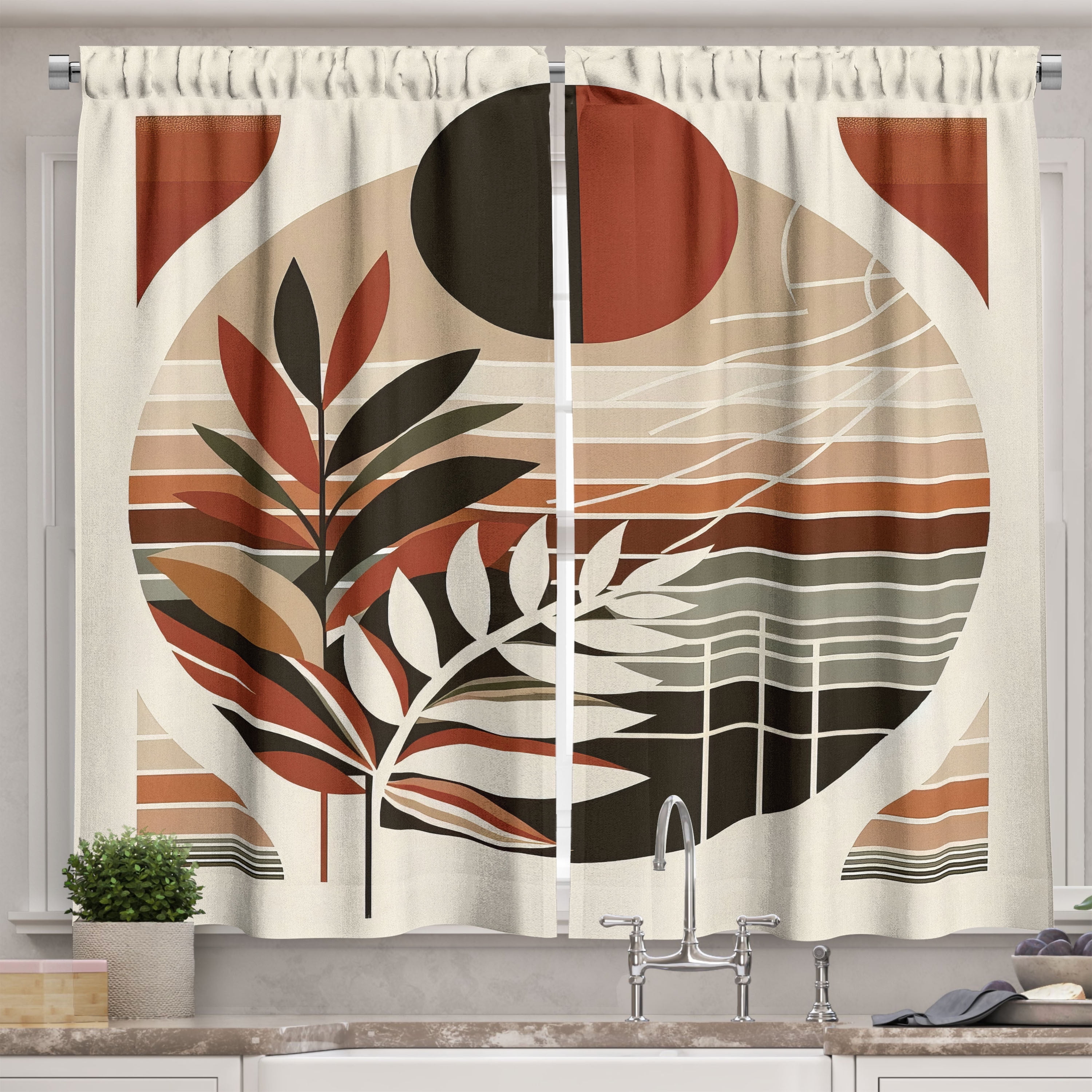 Ambesonne Monstera Kitchen Curtains, Abstract Mid Century Leaf, 55"x36 ...