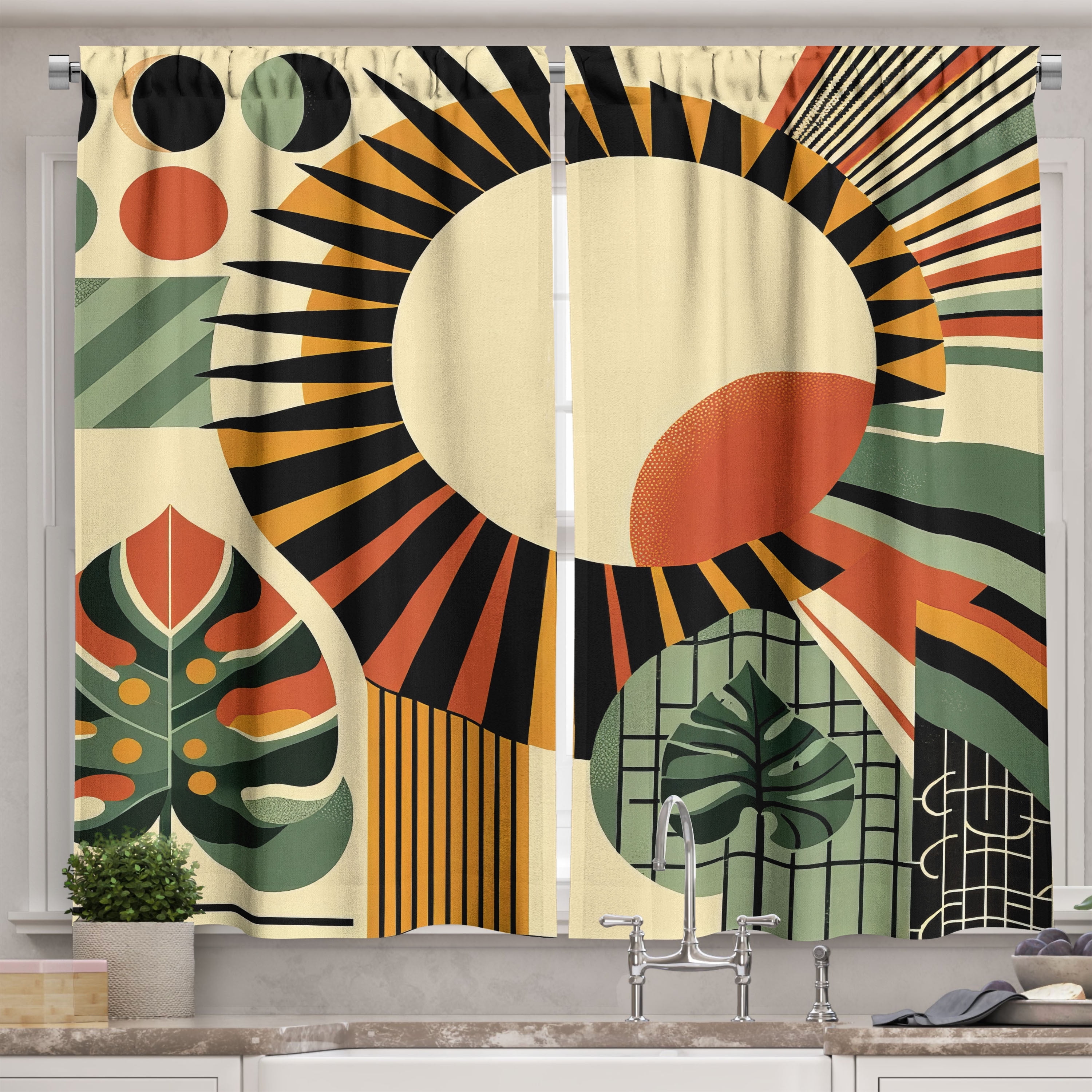 Ambesonne Monstera Kitchen Curtains, Mid Century Abstract Sun, 55"x24 ...