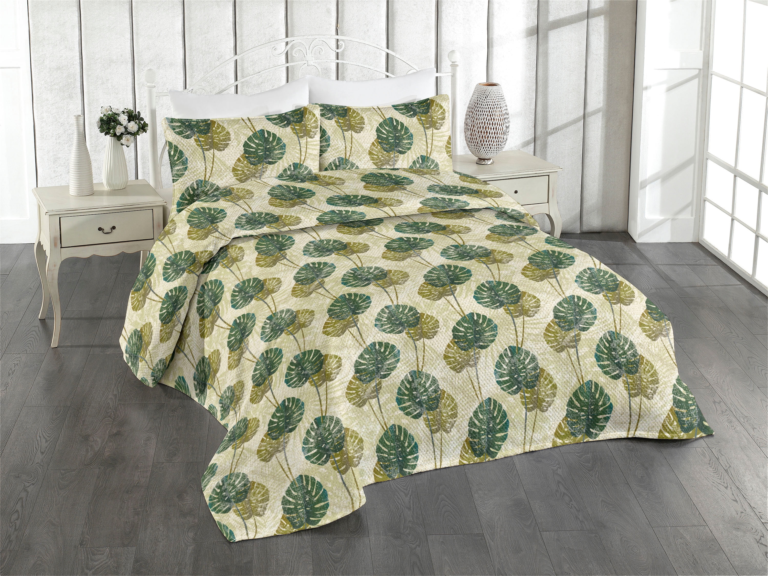 Ambesonne Monstera Leaves Quilted Bedspread Set 3 Pcs, Tropical Leafy ...
