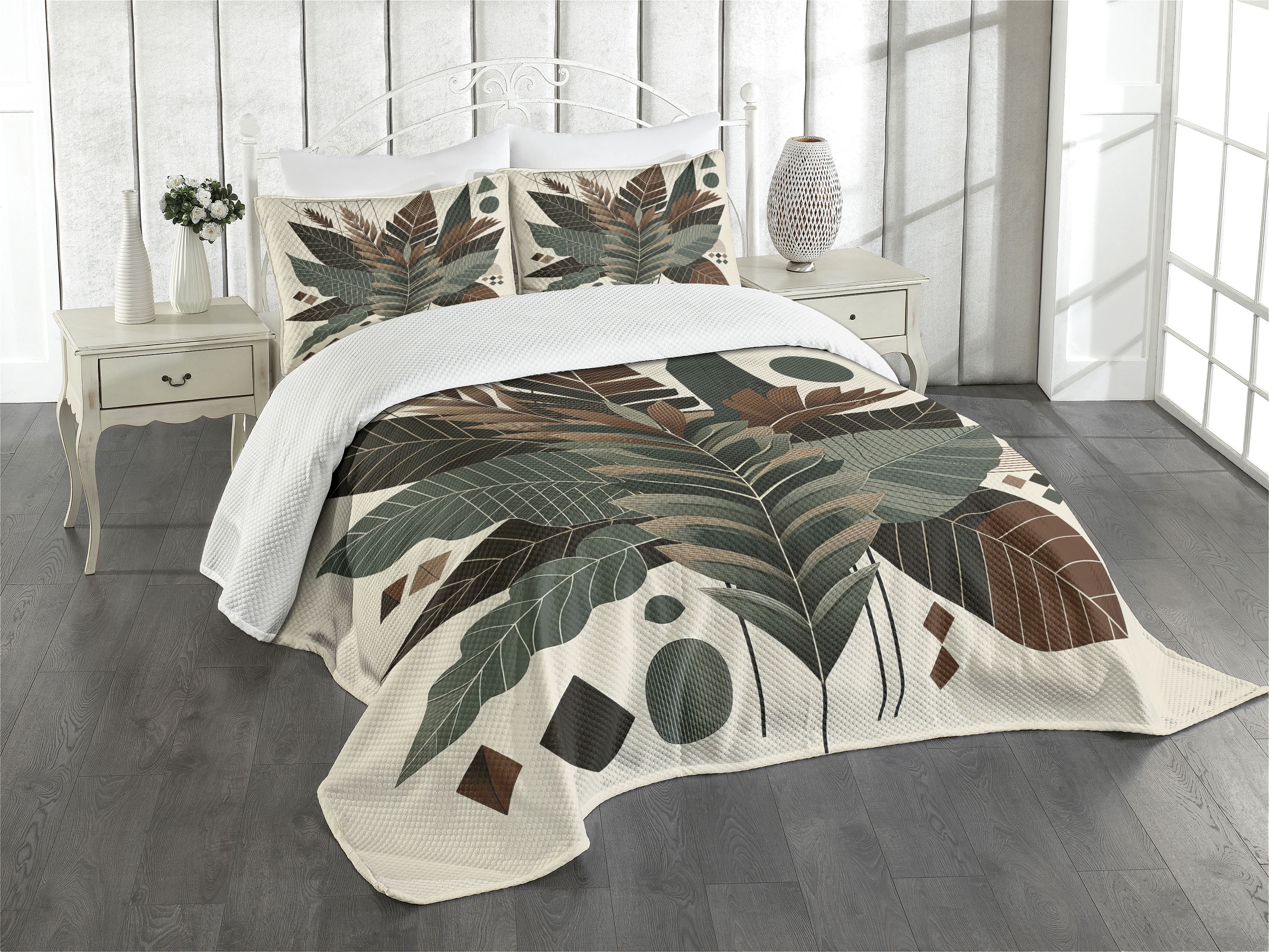 Ambesonne Monstera Quilted Bedspread Set 3 Pcs, Boho Abstract Tropical ...